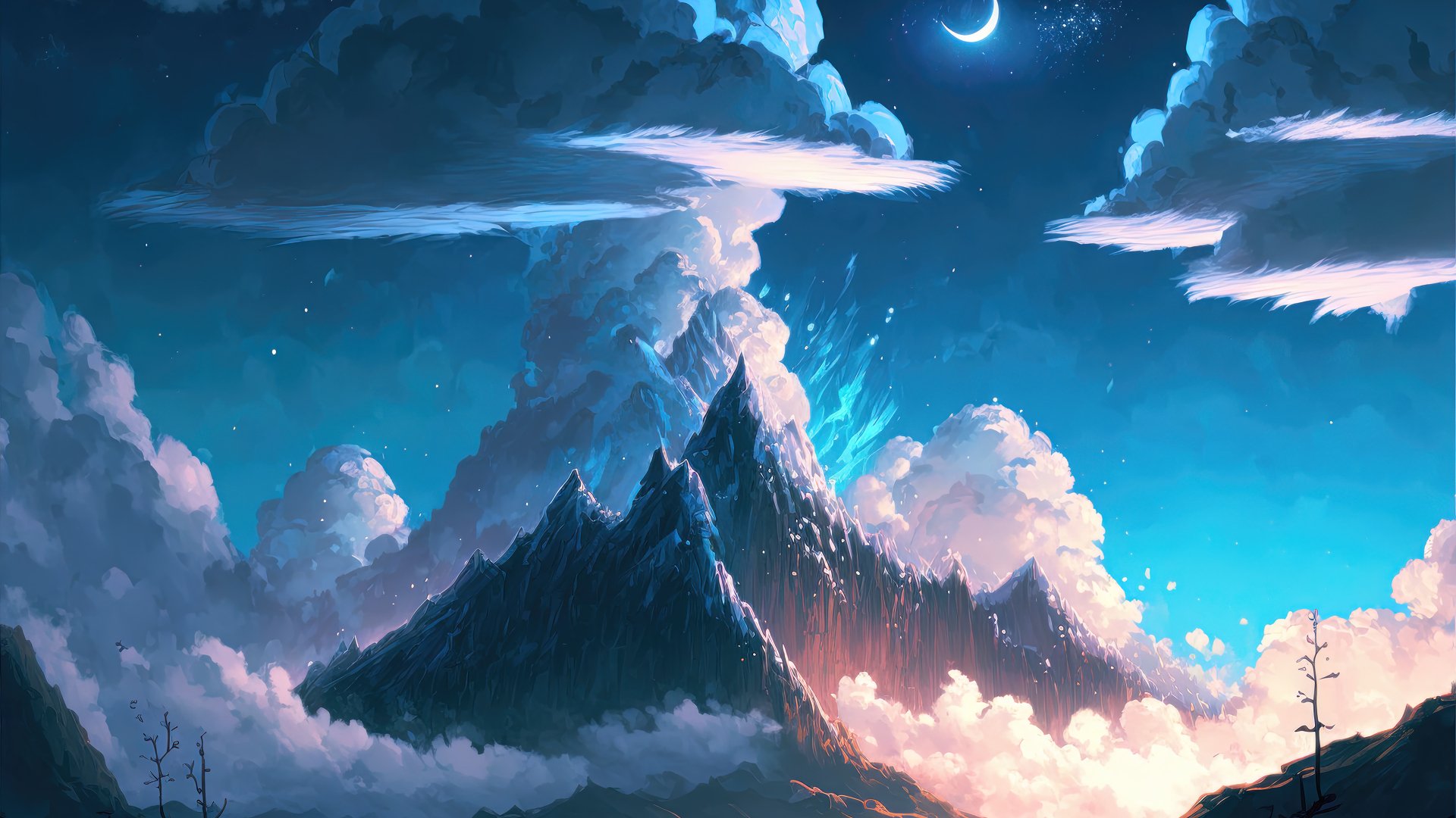 Celestial Mountain Glow: 4K Ultra HD Stars & Clouds Landscape Wallpaper