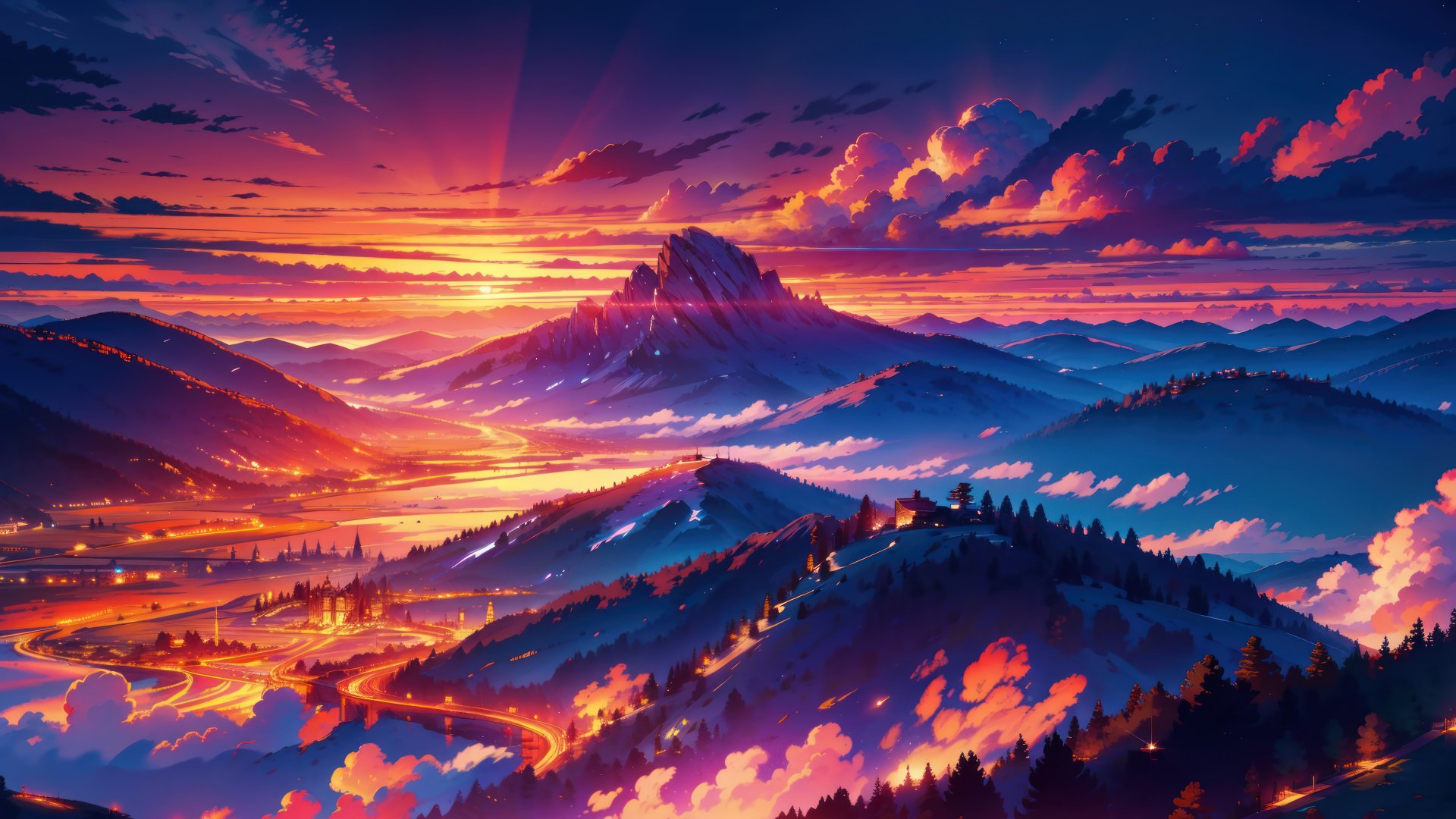 4K Ultra HD Digital Sunset Over Majestic Mountain Landscape