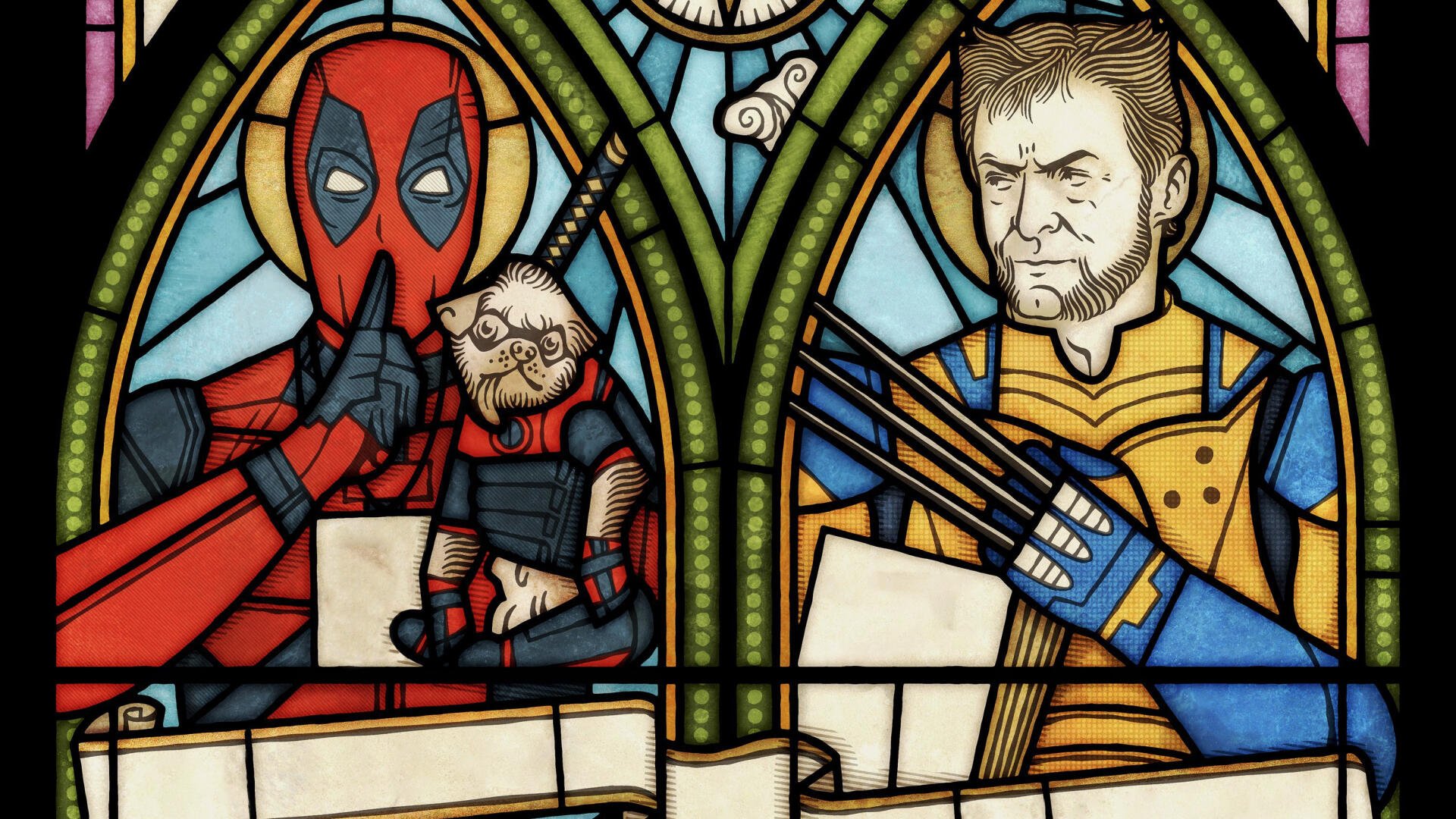 Deadpool & Wolverine HD Wallpaper: Dynamic Duo in Stained Glass Style