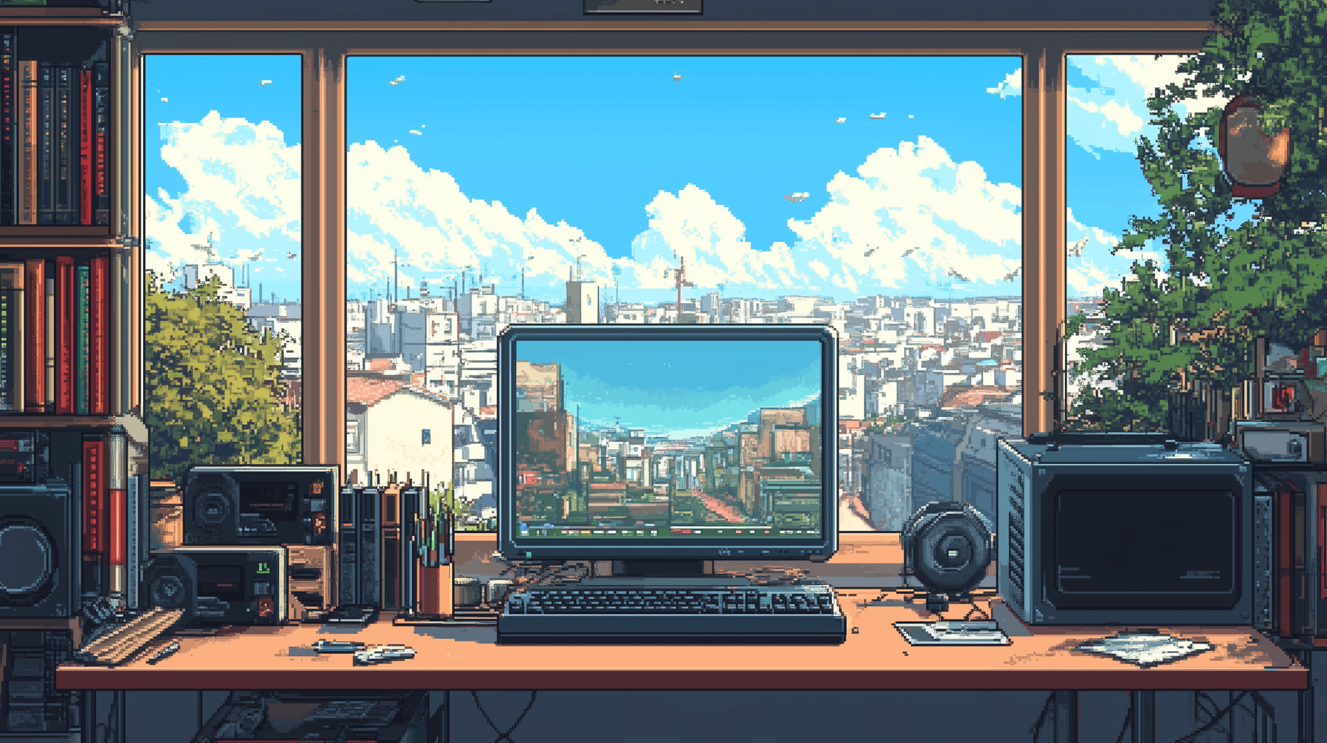 Pixel Perfect Desk View: Stunning AI Art HD Wallpaper