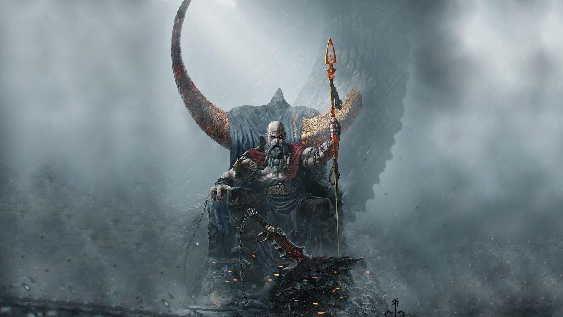 Kratos on His Throne: HD Wallpaper from God of War: Ragnarök