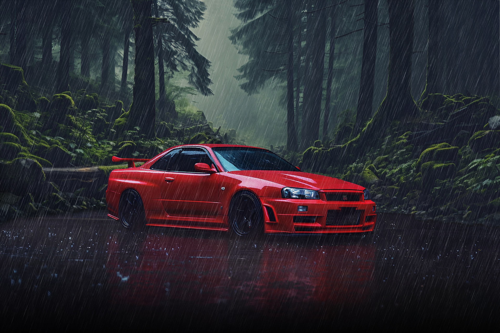 4K JDM Beast: Iconic Red Skyline in Mystic Rain
