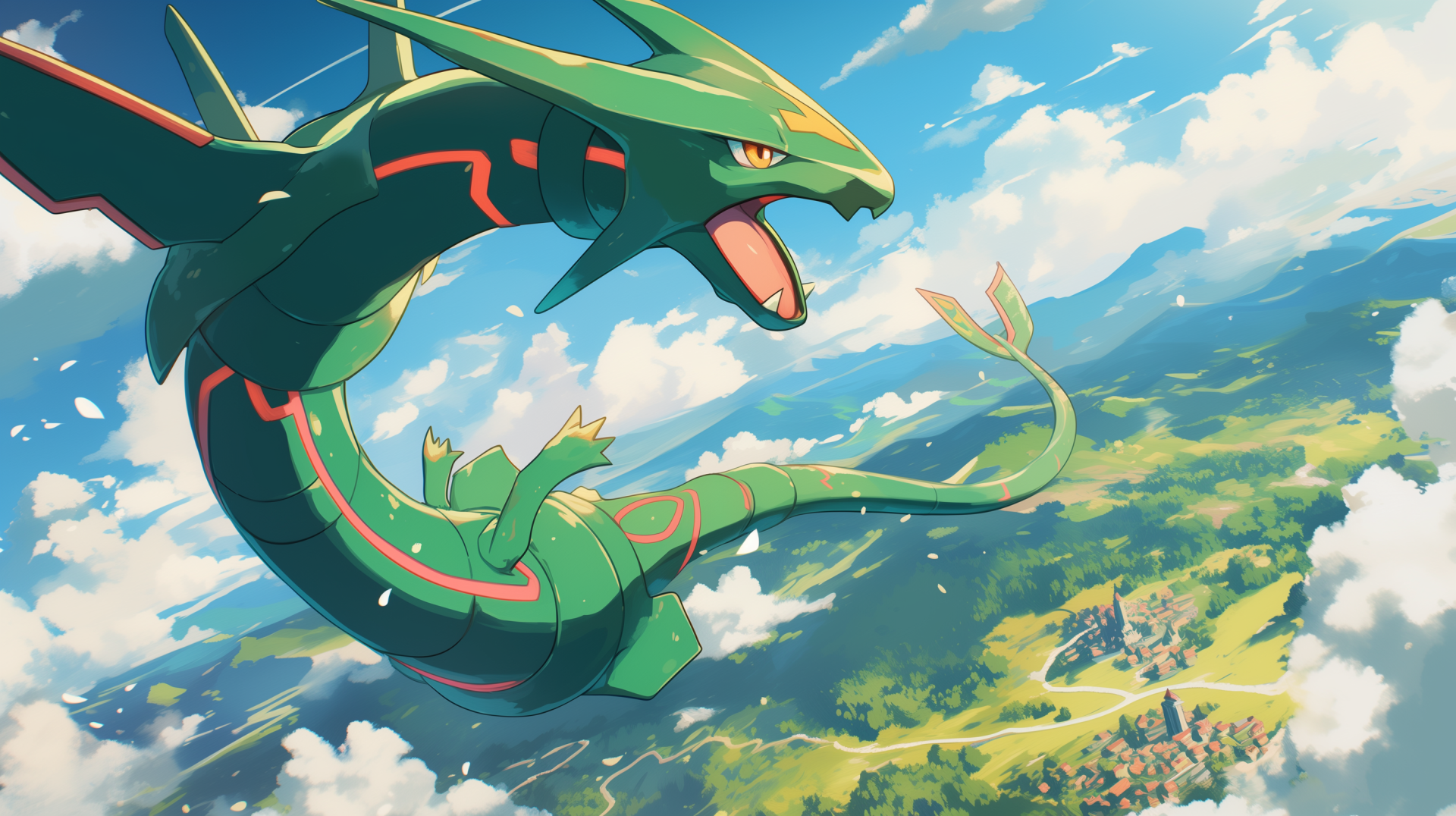 HD Anime Wallpaper: Rayquaza Soaring Across the Sky - Flying Pokémon ...