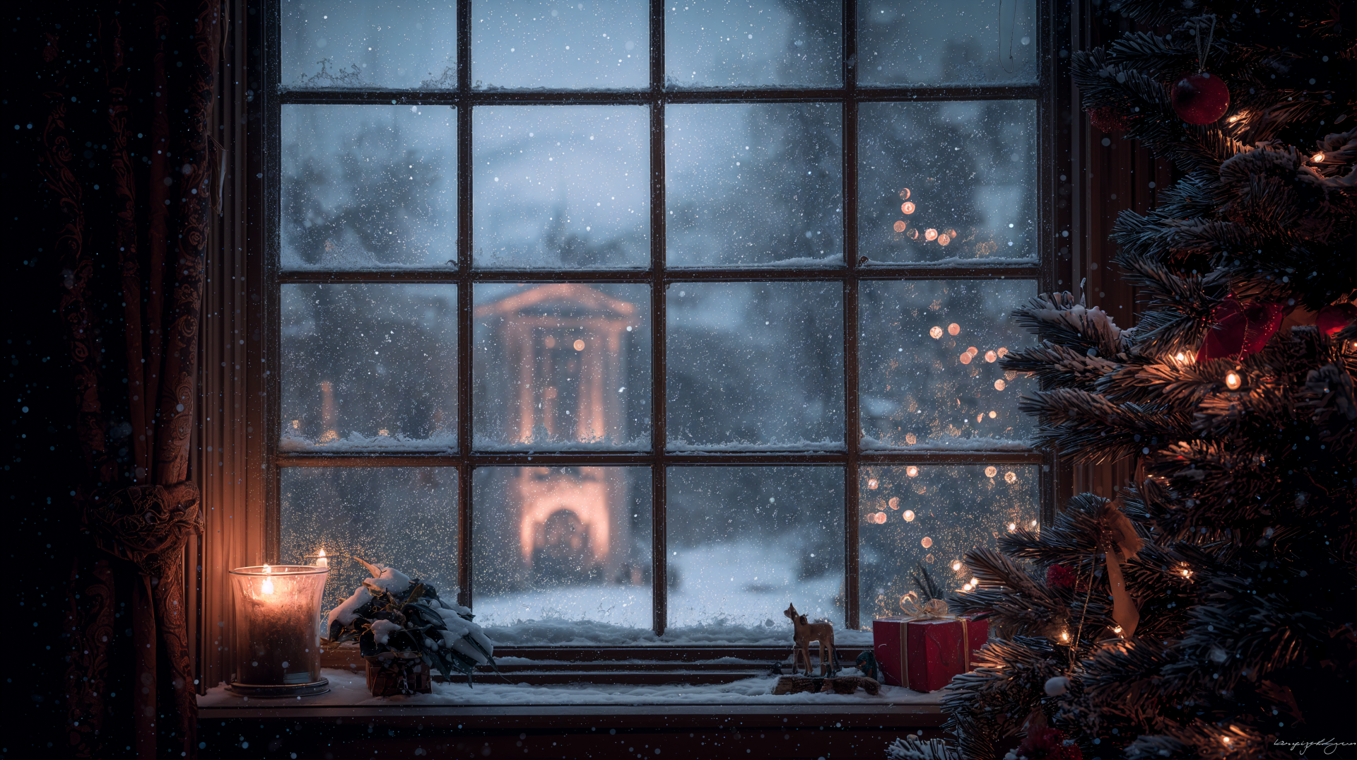 Download Snowy Window Christmas Tree Window Snow Candle 4k Ultra HD ...