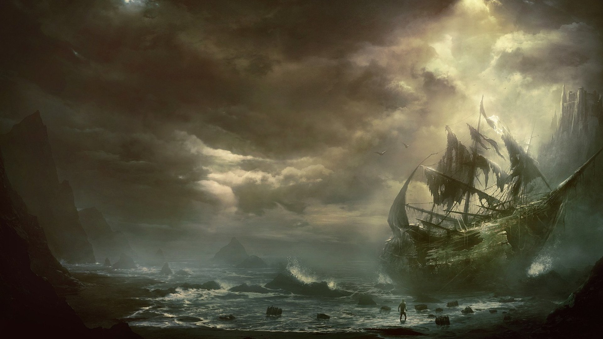 Enchanted Voyage: A HD Wallpaper of a Fantasy Ship Amidst Stormy Seas