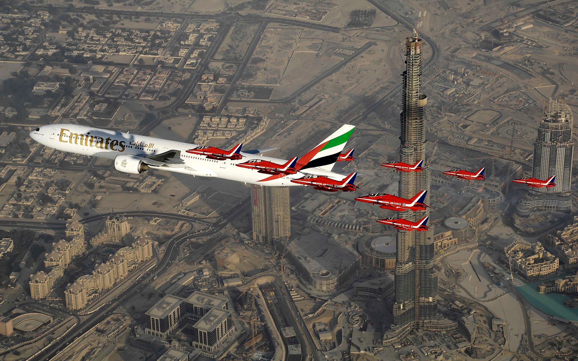 Air Force Flypast: Aerobatic Jets & Airliner Over City — HD Wallpaper