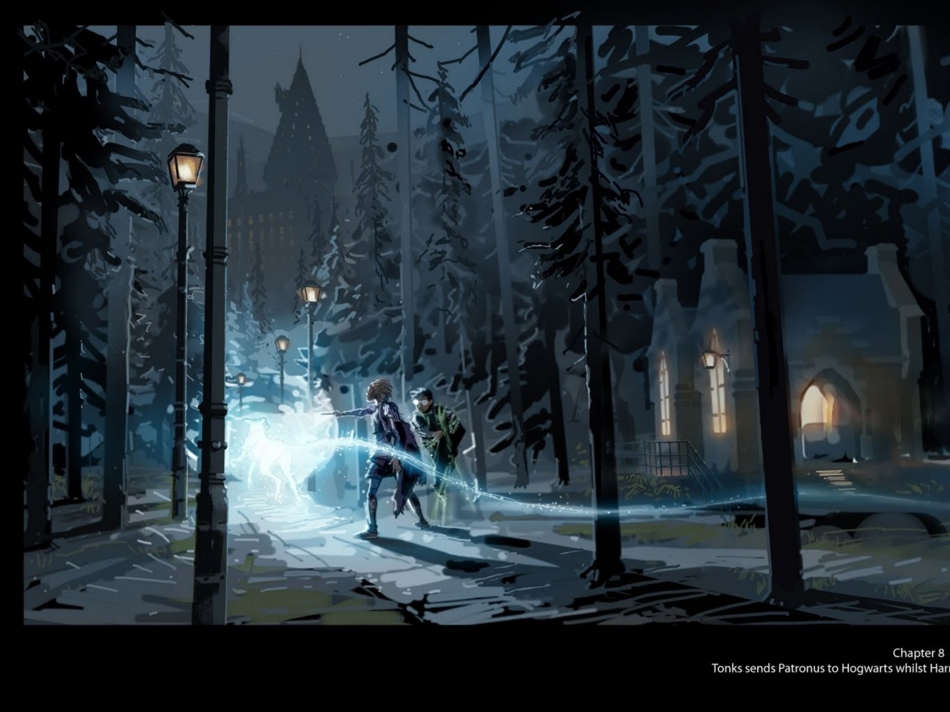 Arcane Duel at Snowbound Manor — 2K Quad HD Fantasy Magic Wallpaper