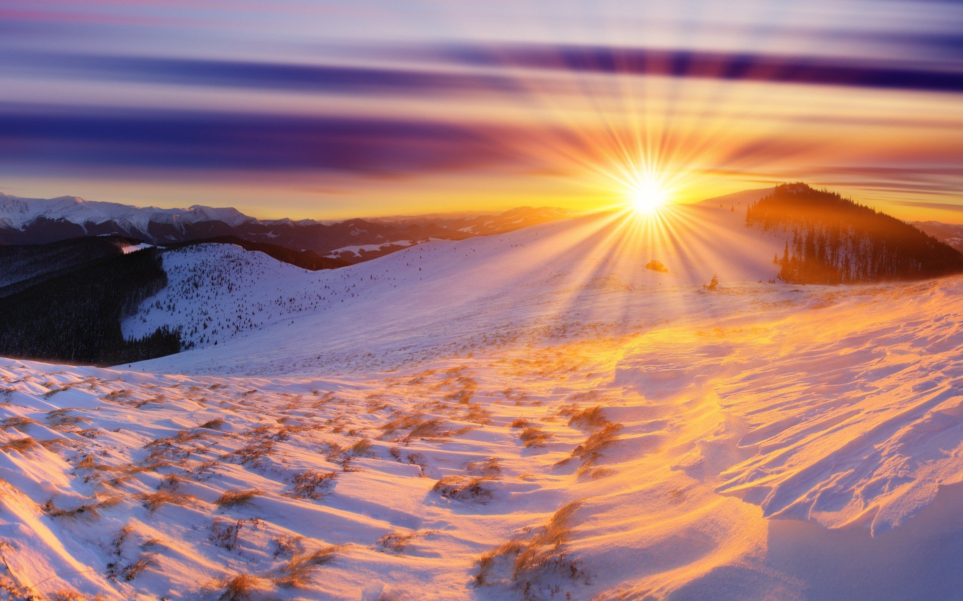 Radiant Sunrise Over Snowy Peaks – Stunning Nature HD Wallpaper