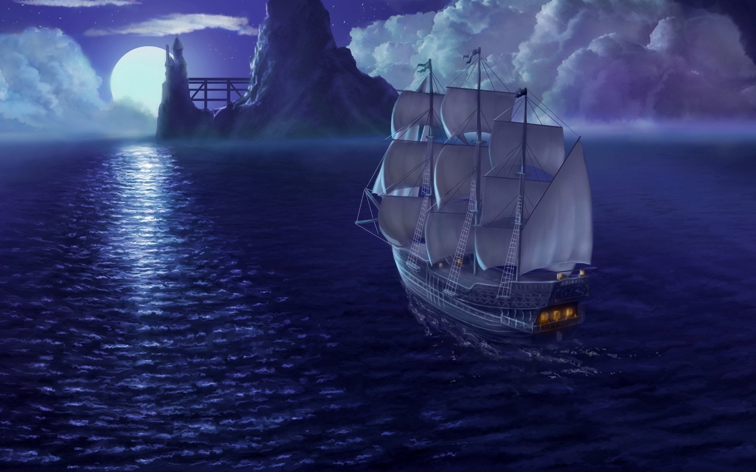 Enchanted Voyage: Fantasy Ship Sailing Under the Moonlit Sky HD Wallpaper