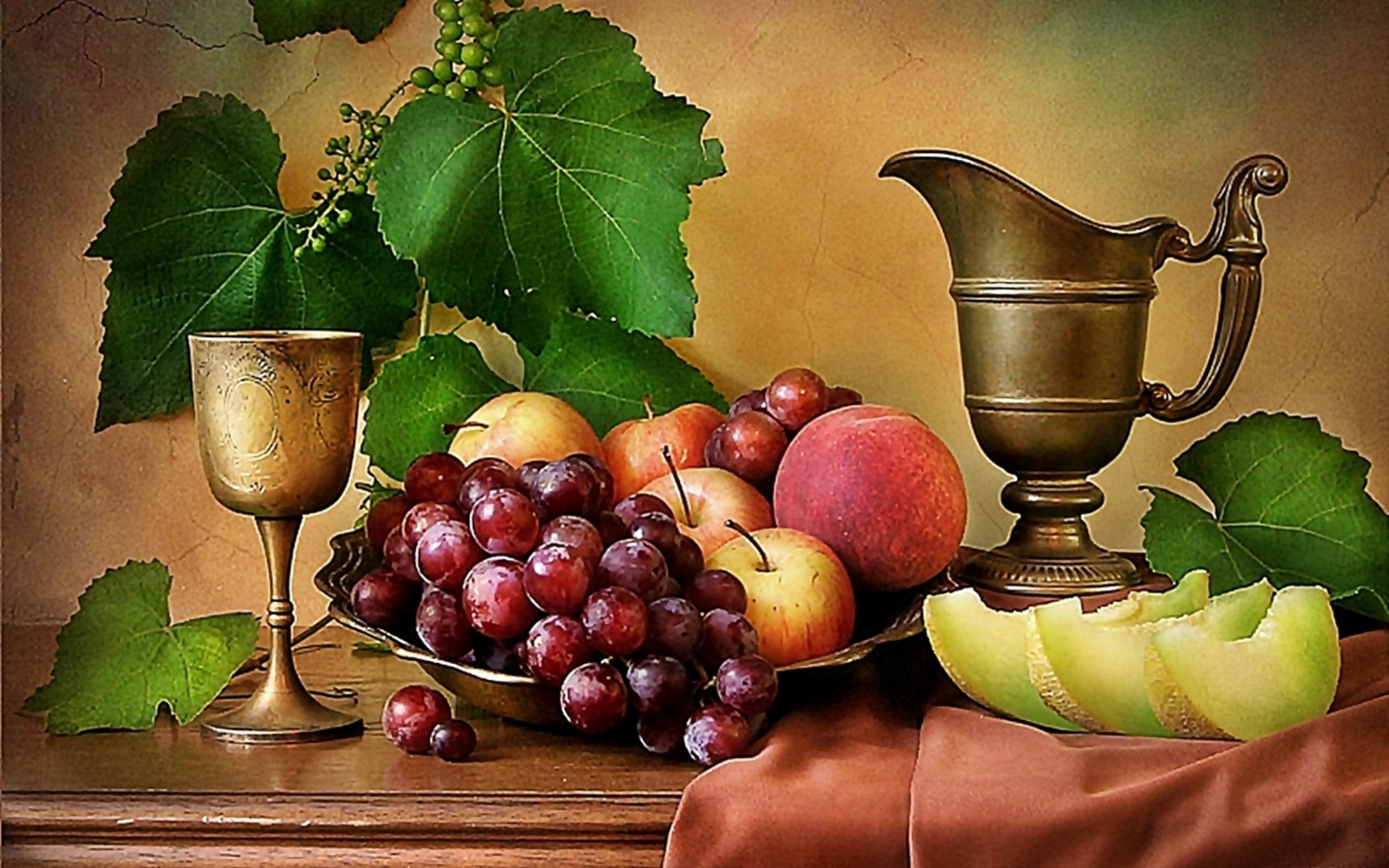 Classic Still Life: Rich Harvest of Grapes and Fruits in HD Wallpaper