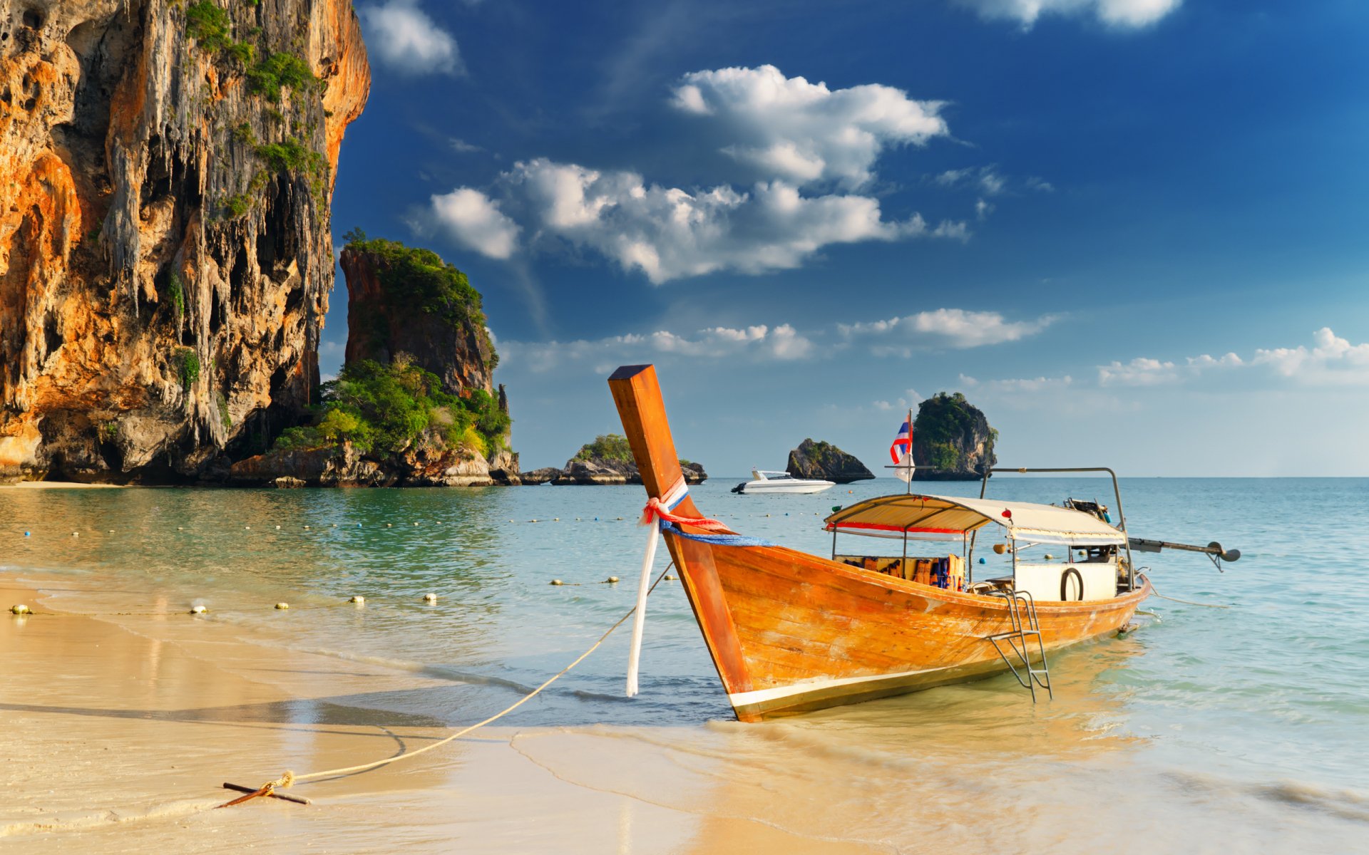 Serene Boat Escape: HD Wallpaper of Tranquil Coastal Beauty