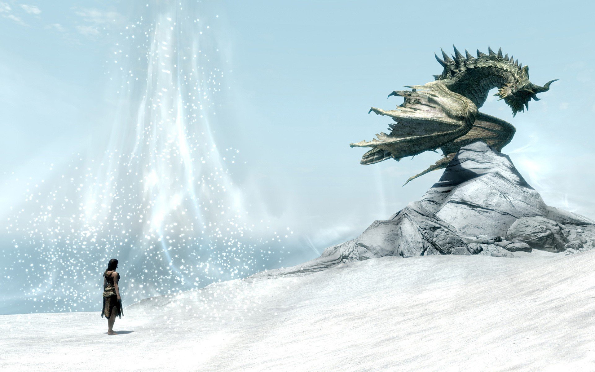 Skyrim HD Wallpaper: Epic Dragon Encounter in the Frozen Wastes