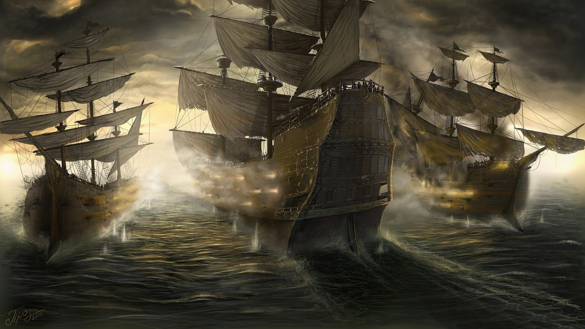 Epic Fantasy Armada: HD Wallpaper of Majestic Sailing Ships