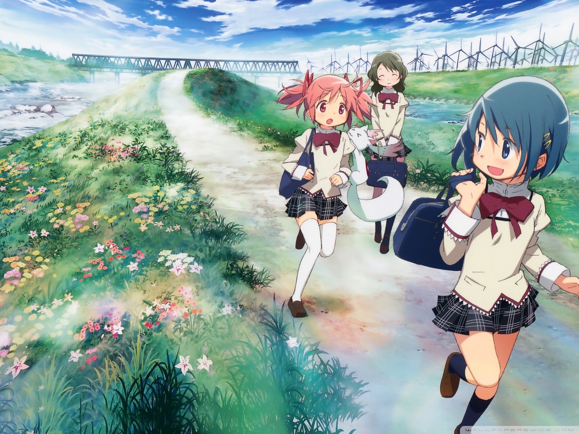 HD Wallpaper of Madoka Magica: Hitomi, Sayaka & Kyuubey in a Colorful Landscape
