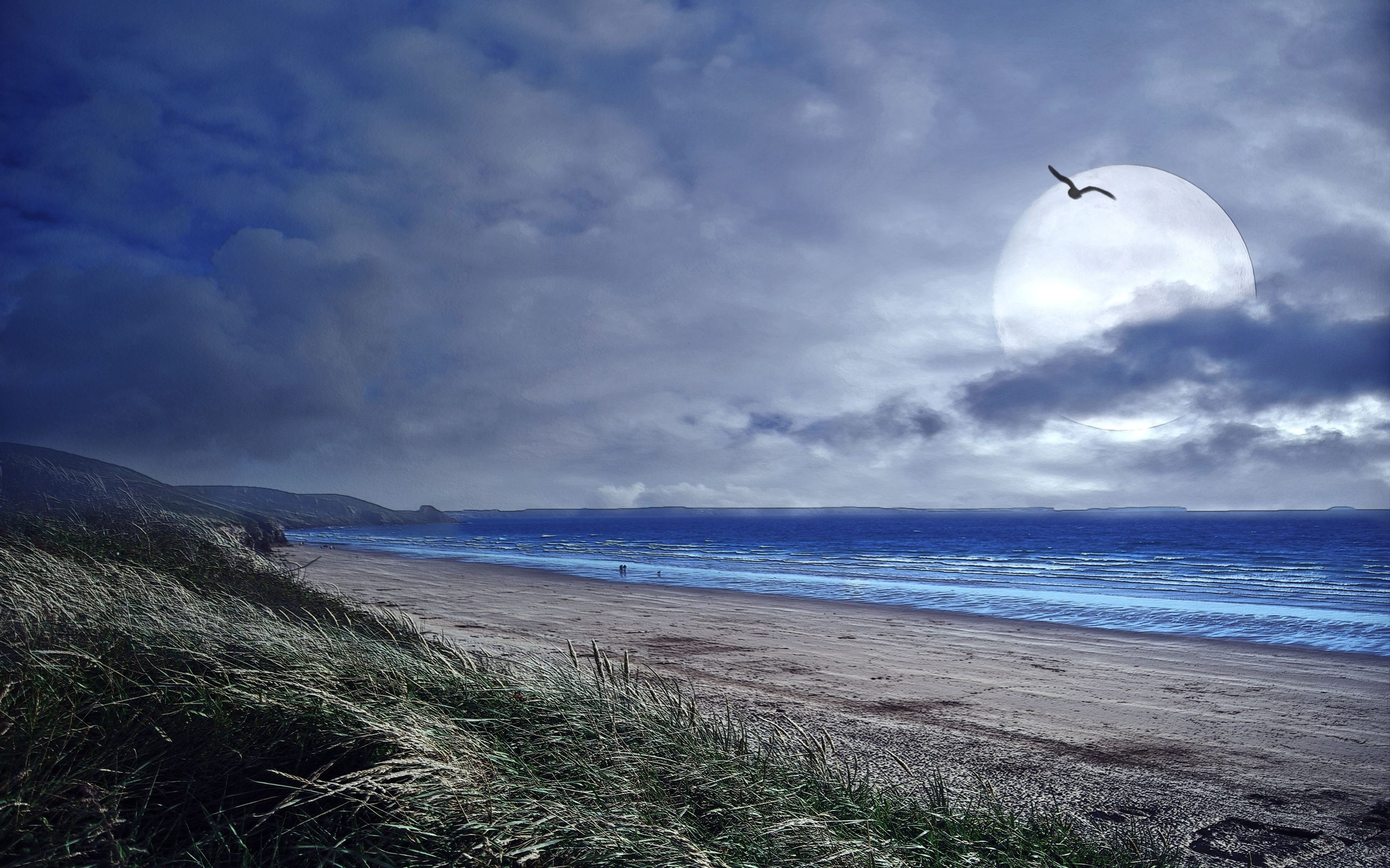 Moonlight Beach Wallpaper Landscape, Calm, Crescent Moon, Moon, Beach,