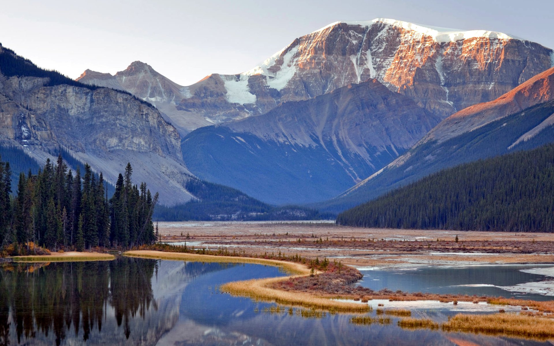 Sunrise over Mount Kitchener and River in Jasper National Park, Alberta ...