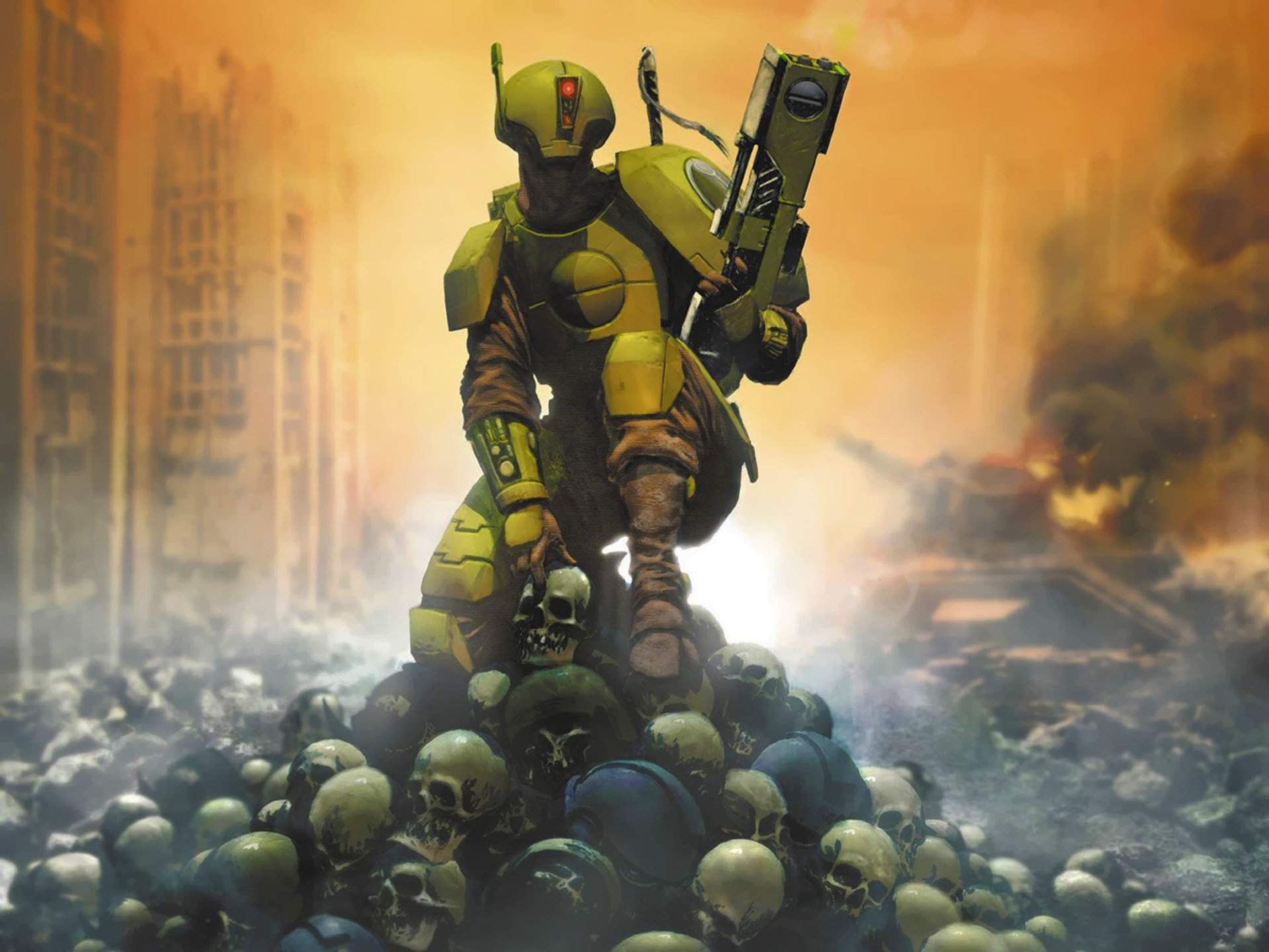 Warhammer 40K HD: Epic Video Game Warrior Amidst Chaos Wallpaper