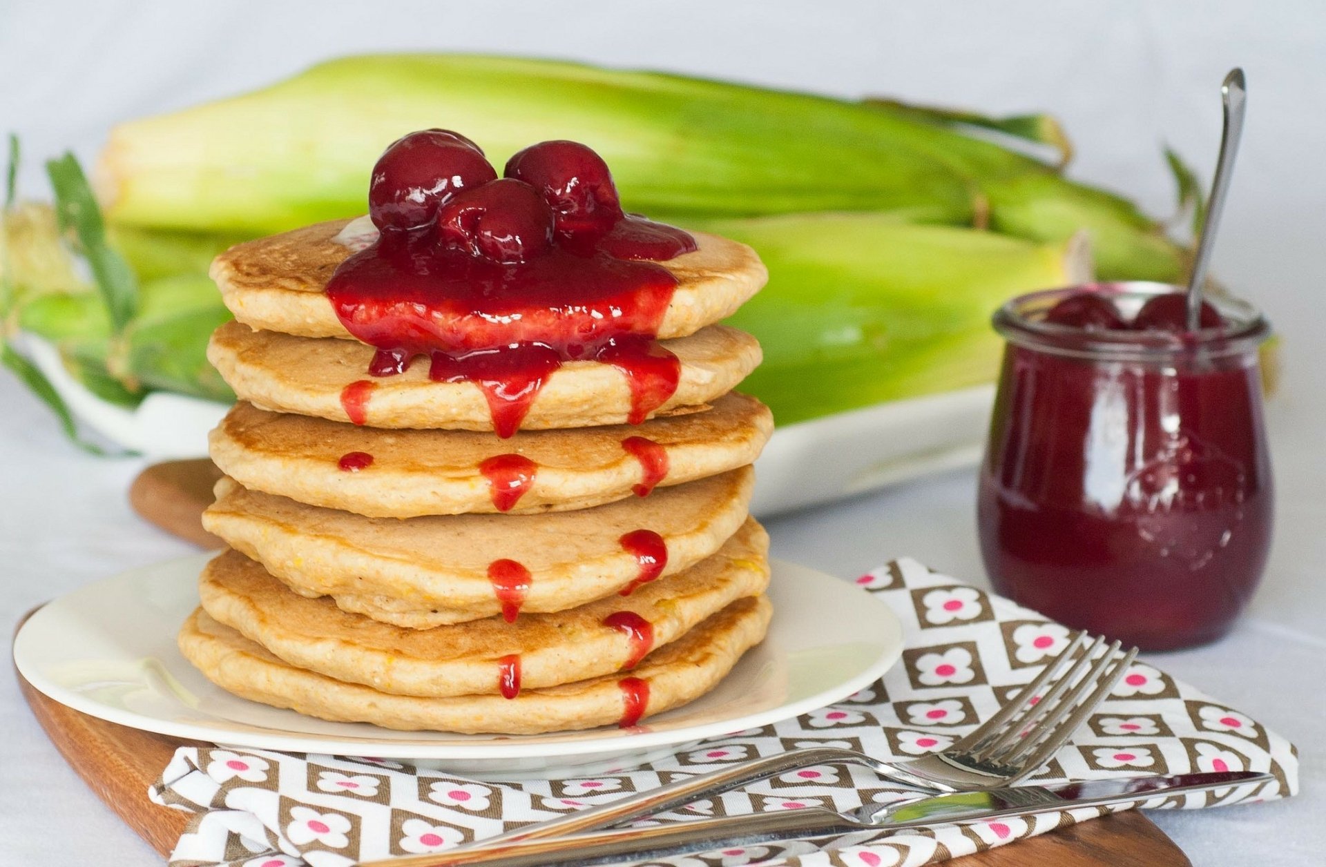 Cherry Jam Bliss: Delicious Pancakes for a Perfect Breakfast HD Wallpaper