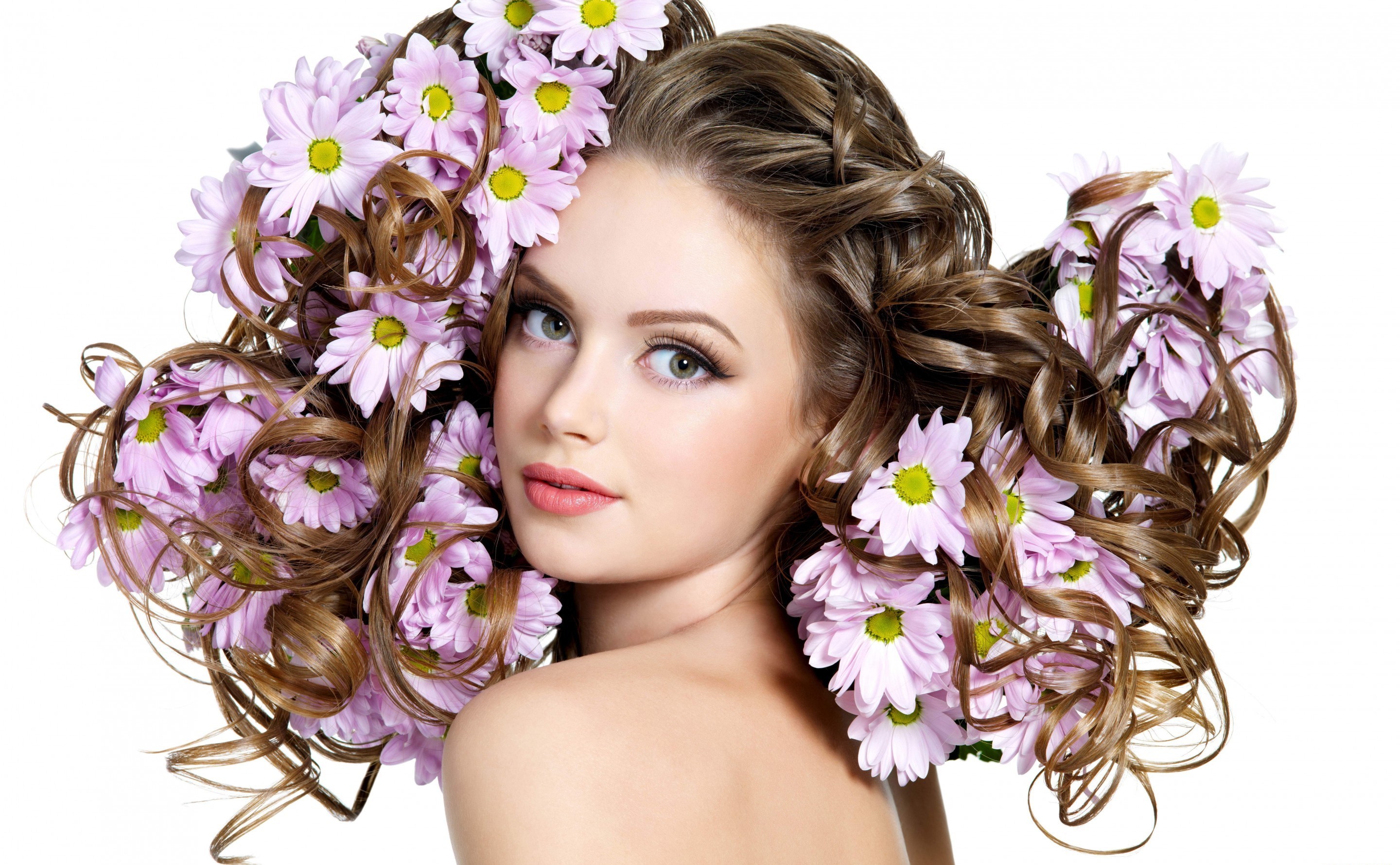 Radiant Beauty: Woman with Blossoming Hair HD Wallpaper