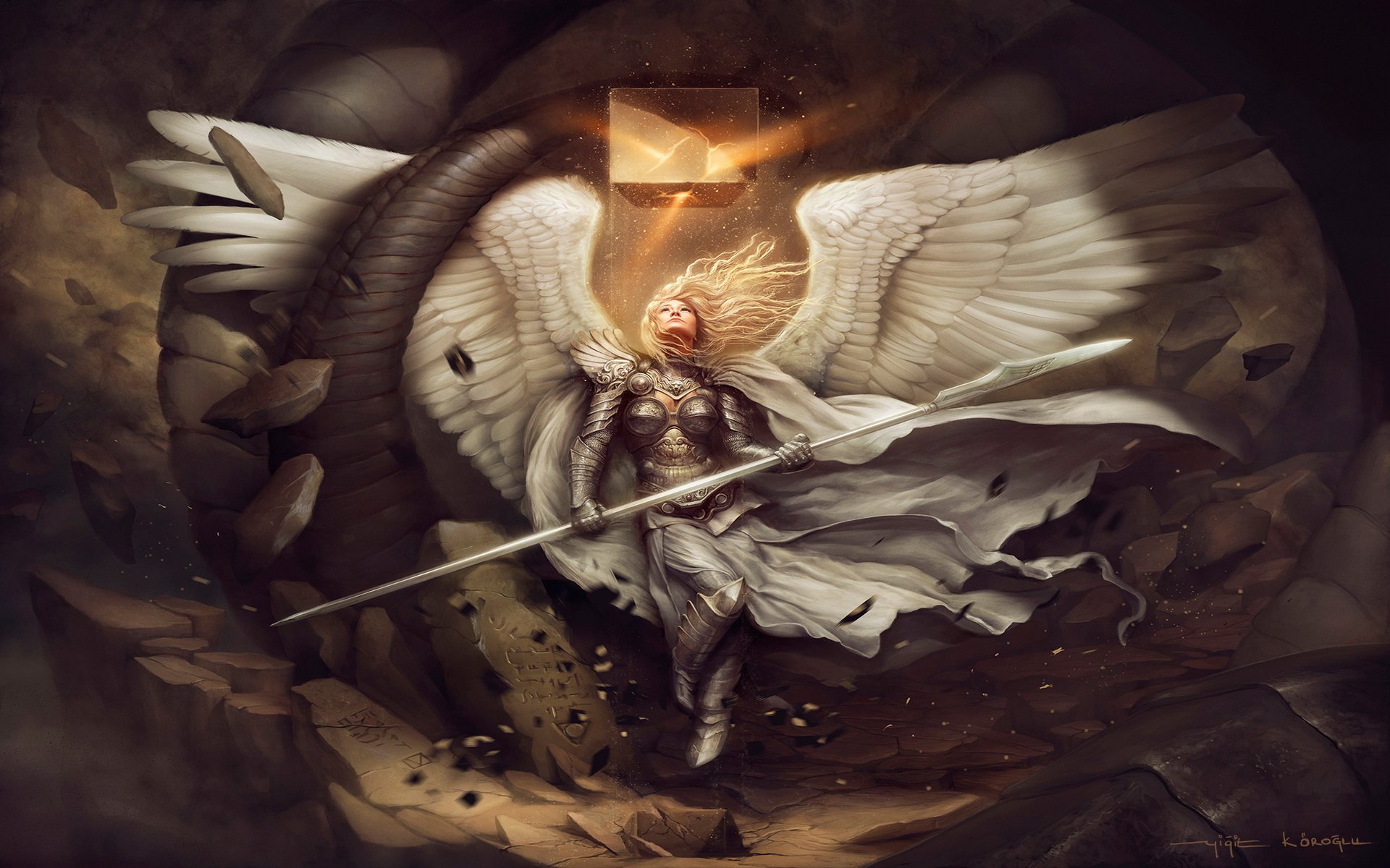 Celestial Guardian: HD Fantasy Angel Warrior Wallpaper