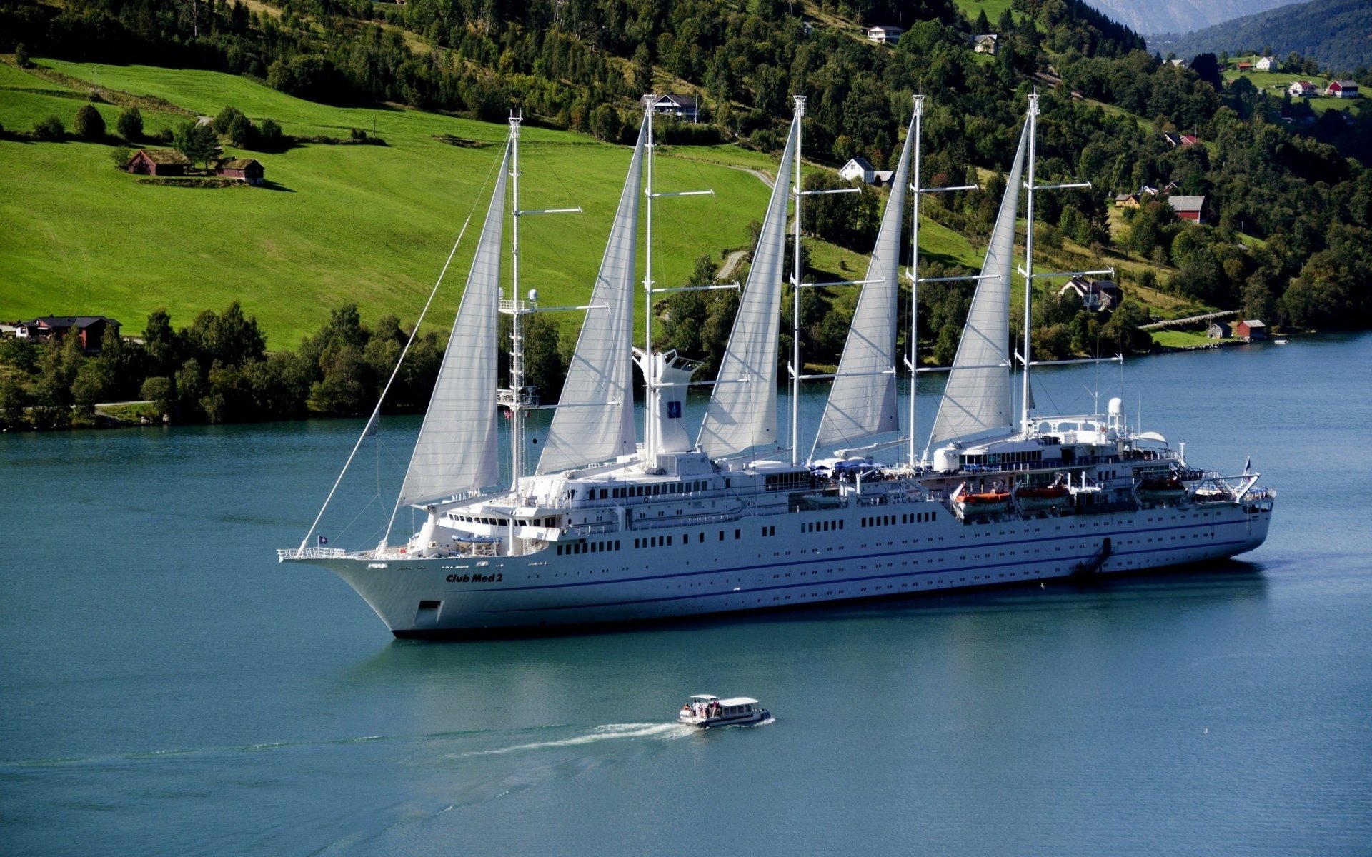 Majestic Sailing Cruise: HD Wallpaper of a Grand Sailboat on Serene Waters