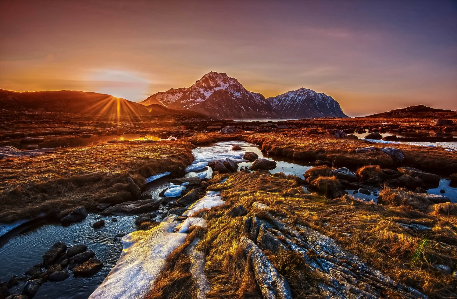 Download Mountain Sunset Nature Stream HD Wallpaper