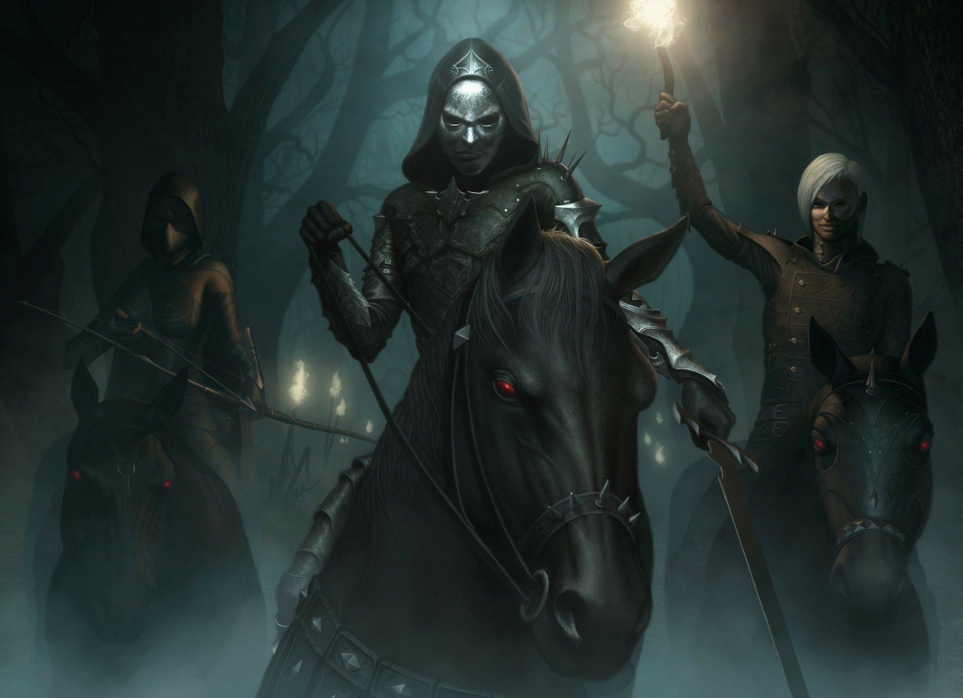 Shadowed Fantasy Warriors: Masked Archer and Swordbearers on Dark ...