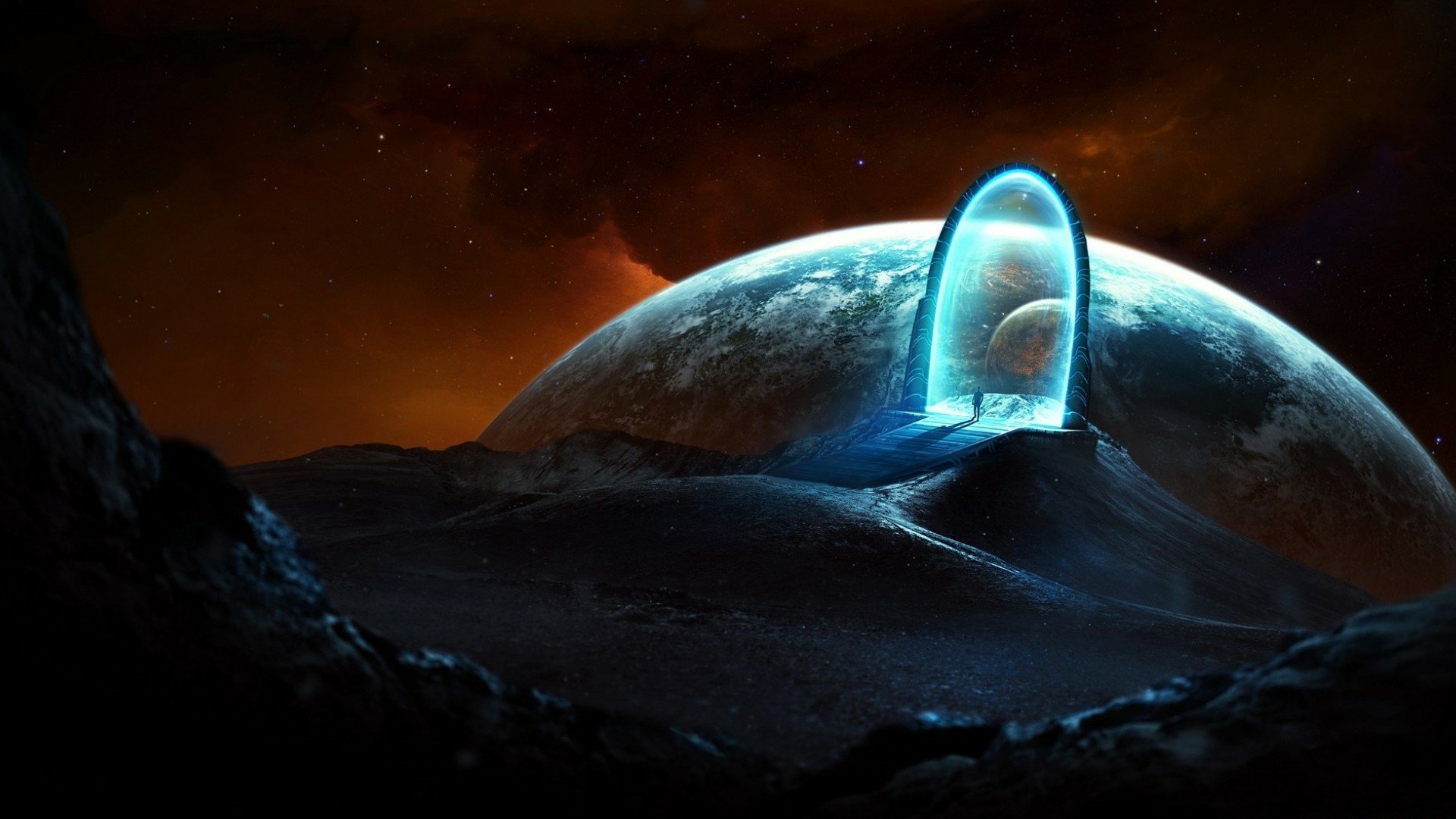 Cosmic Gateway: A Stunning Sci-Fi Landscape HD Wallpaper by Tobias Roetsch
