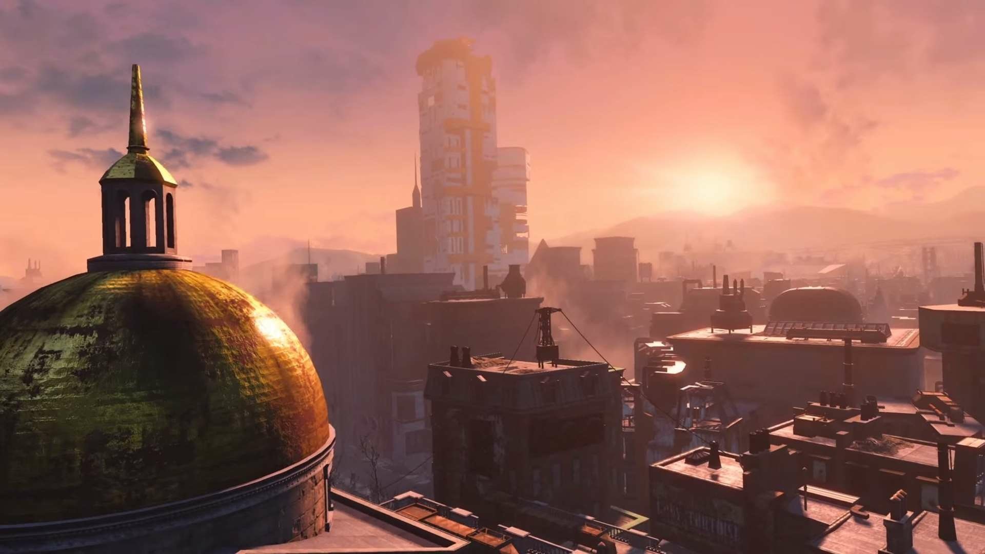 Fallout 4 HD Wallpaper: Post-Apocalyptic Cityscape at Sunset
