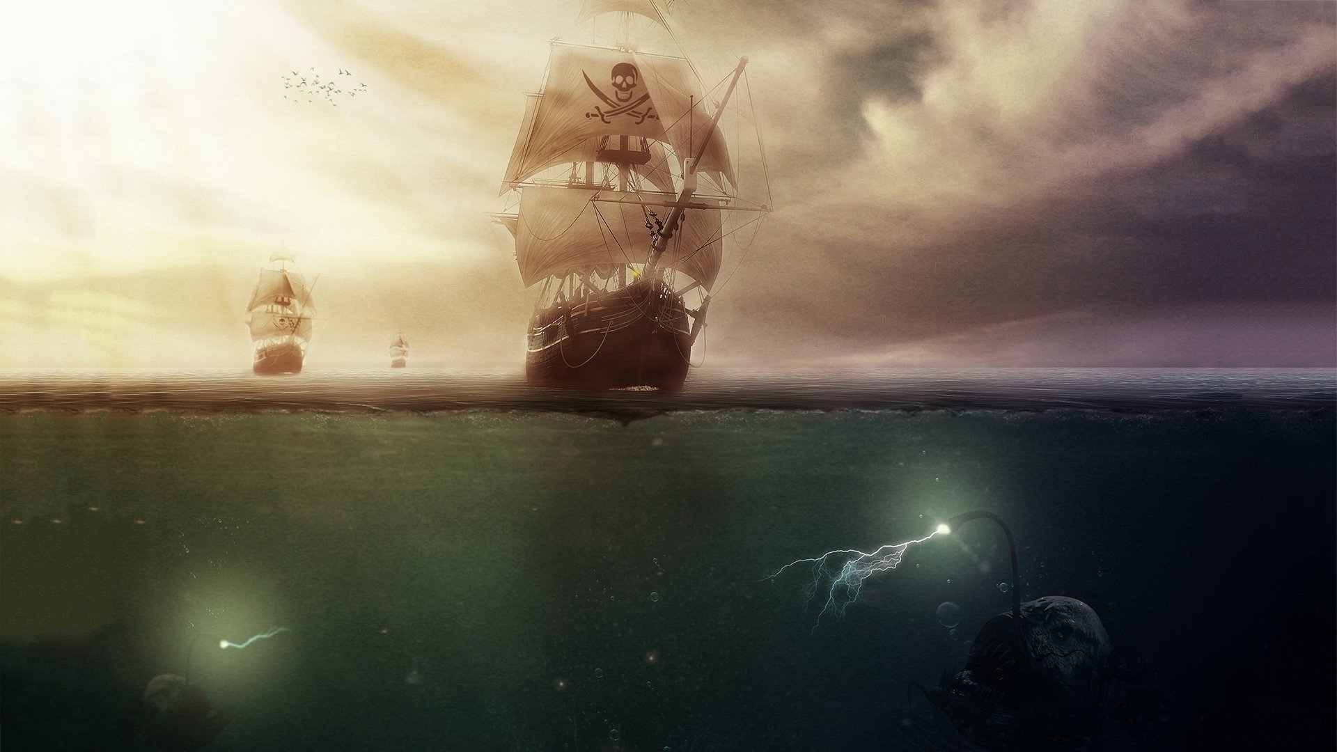 Epic Fantasy Sea Monster HD Wallpaper: Shadows Beneath the Pirate Ships