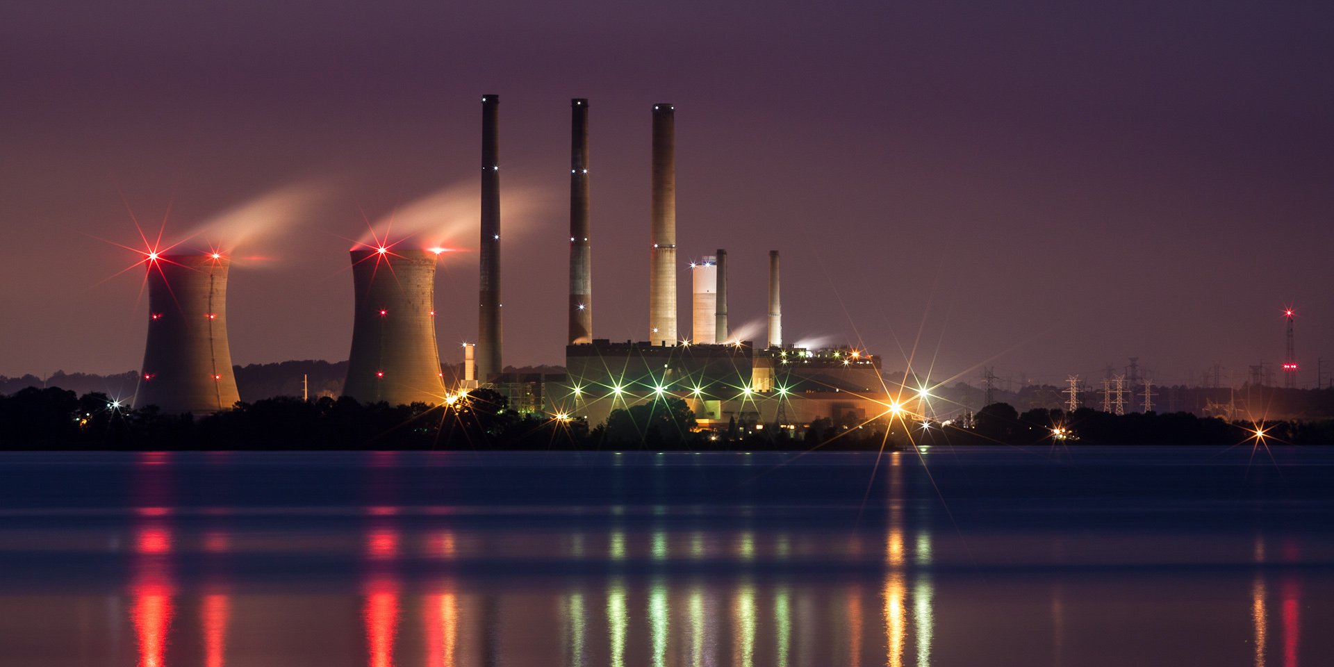 Illuminated Power Plant Reflection - HD Wallpaper