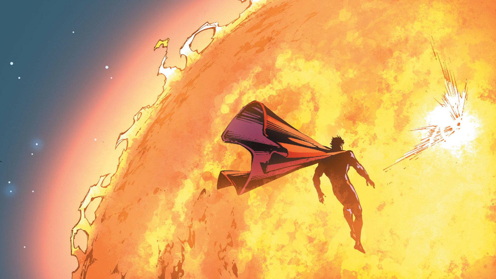 Superman Soars: Epic HD Comic Wallpaper Against the Blazing Sun