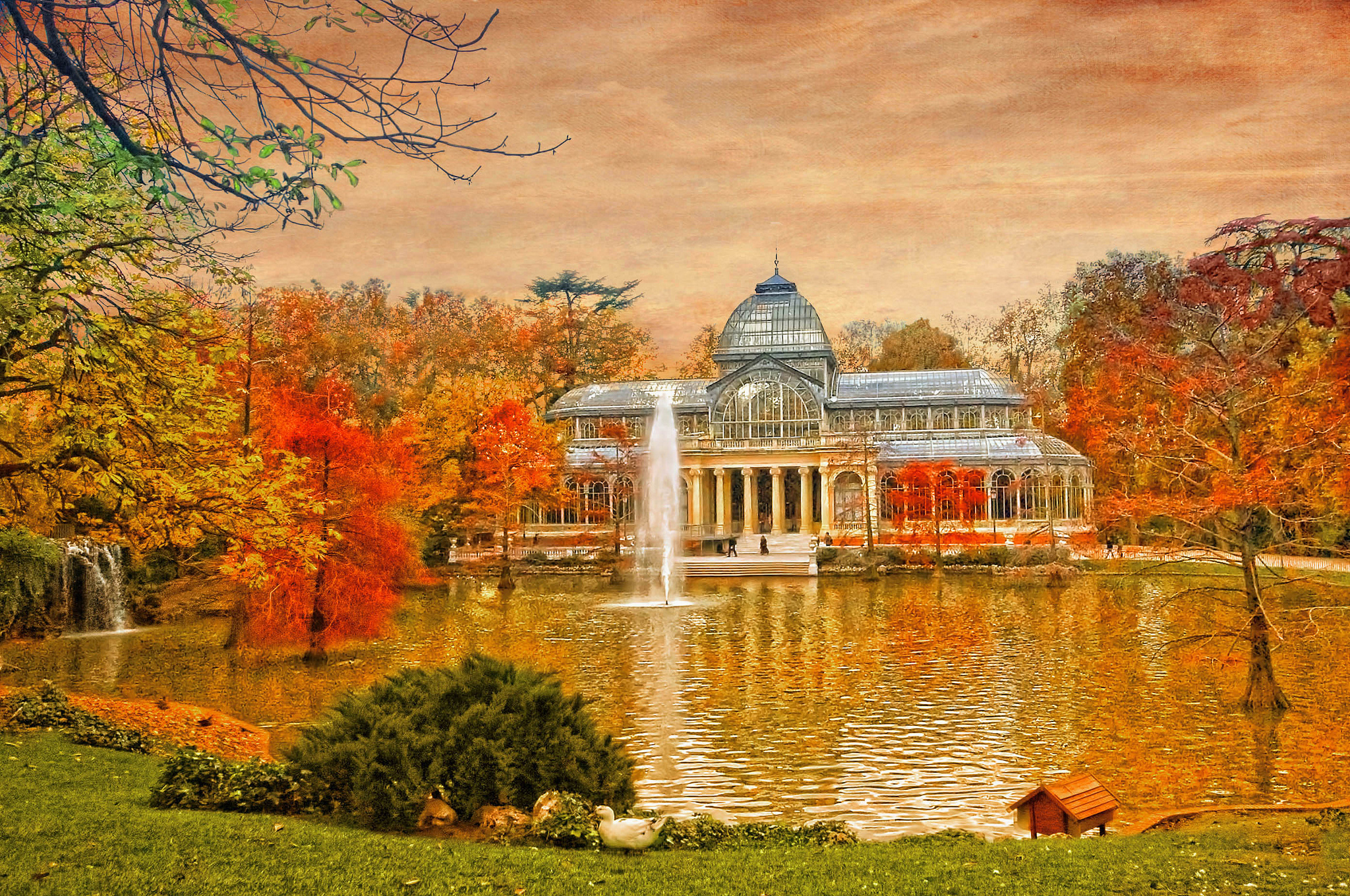 Download Fountain Tree Fall Pond Man Made Building HD Wallpaper