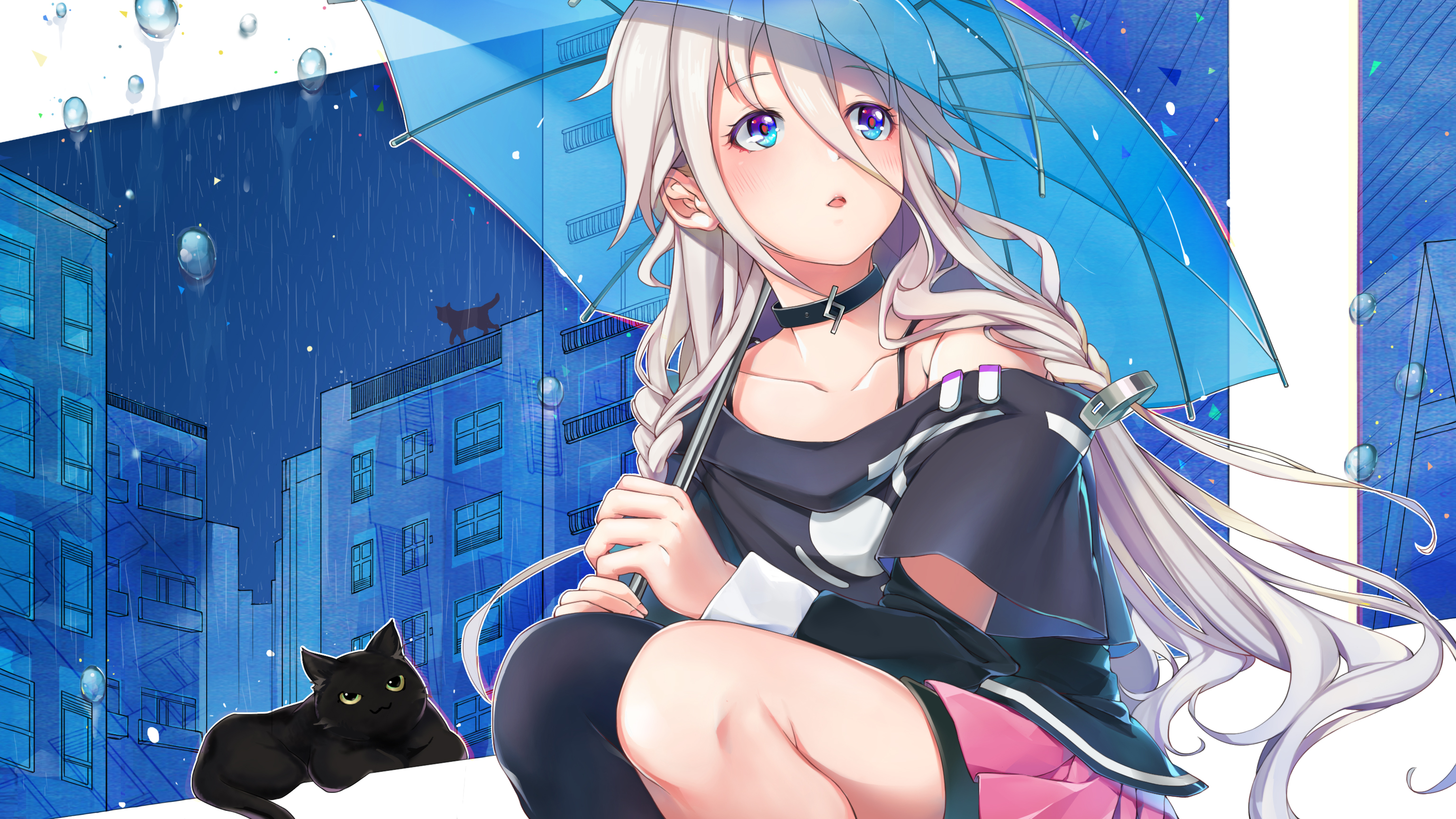 Blushing IA: A Dreamy HD Wallpaper with Cat and Umbrella