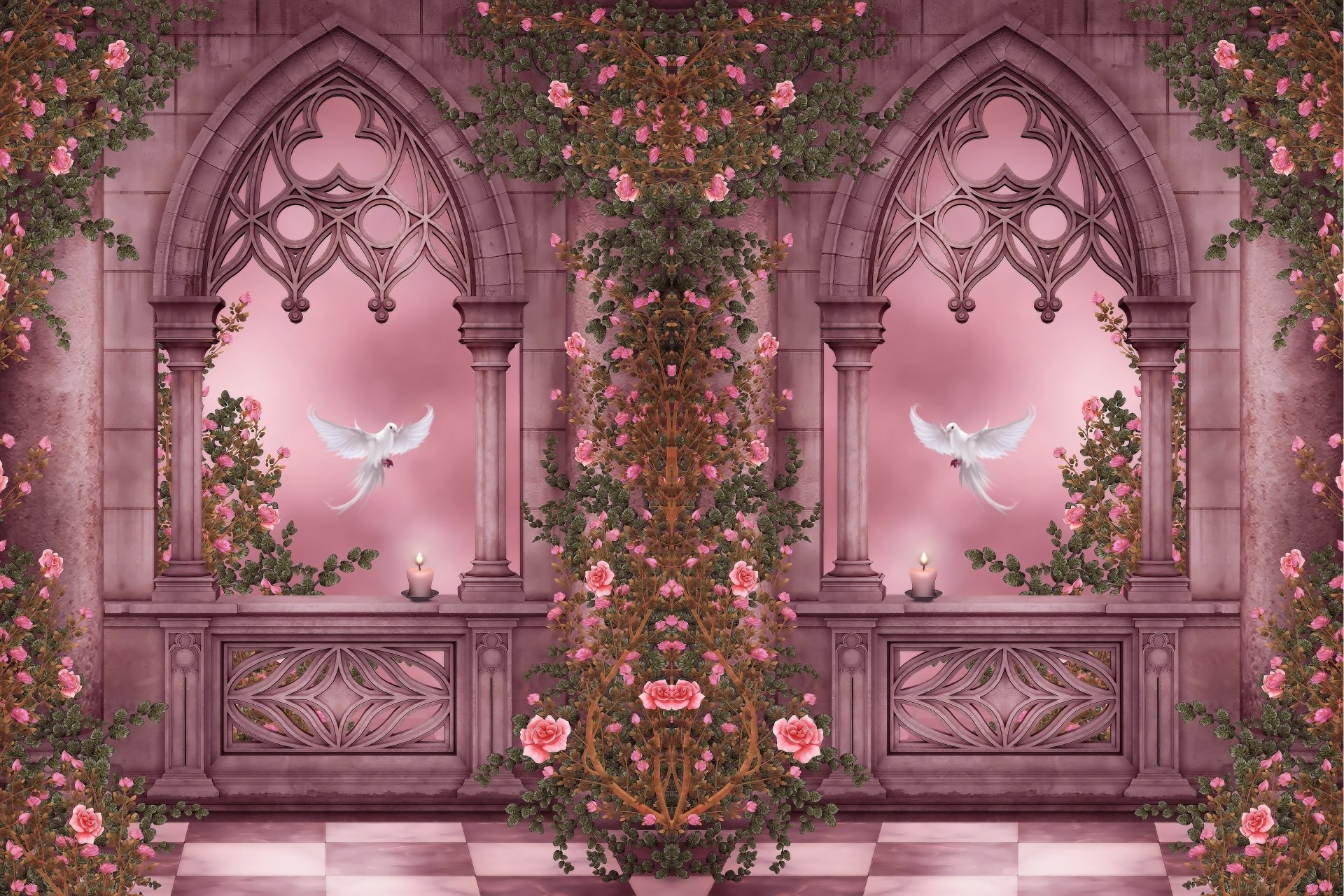 Whimsical Dove in a Rose-Filled Archway - 4K Ultra HD Wallpaper