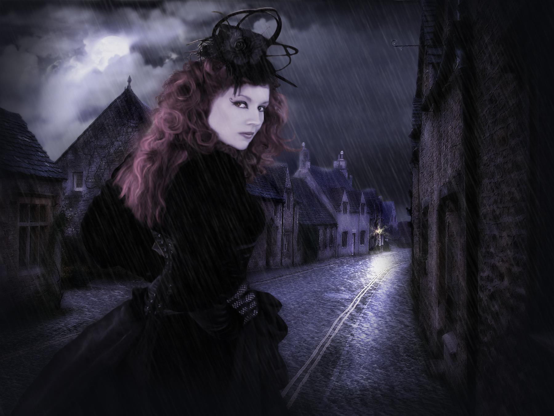 Download Rain Brunette Night Dark Fantasy Woman Wallpaper