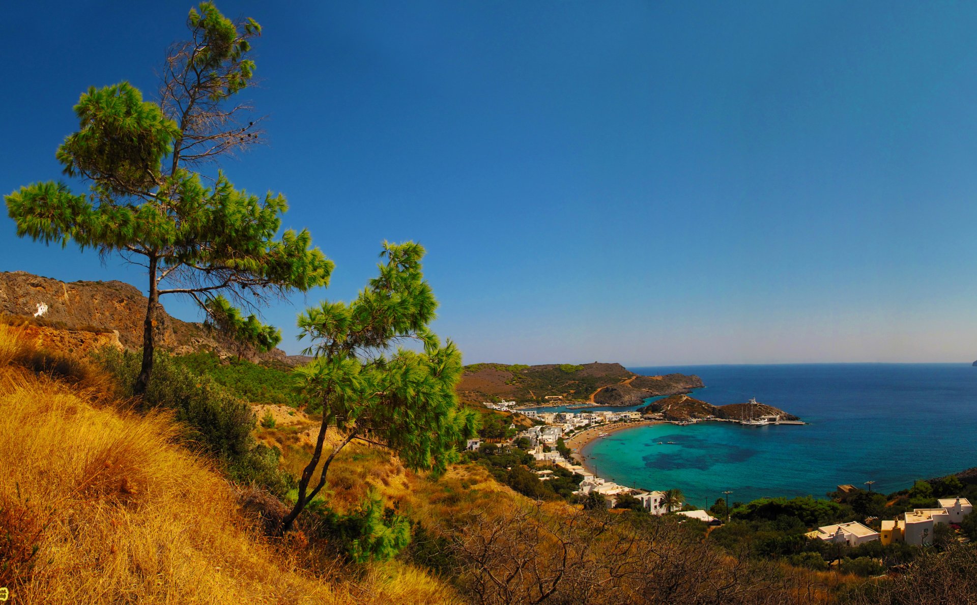 Download Beach Tree Ocean Coastline Greece Kapsali Man Made Village 4k ...