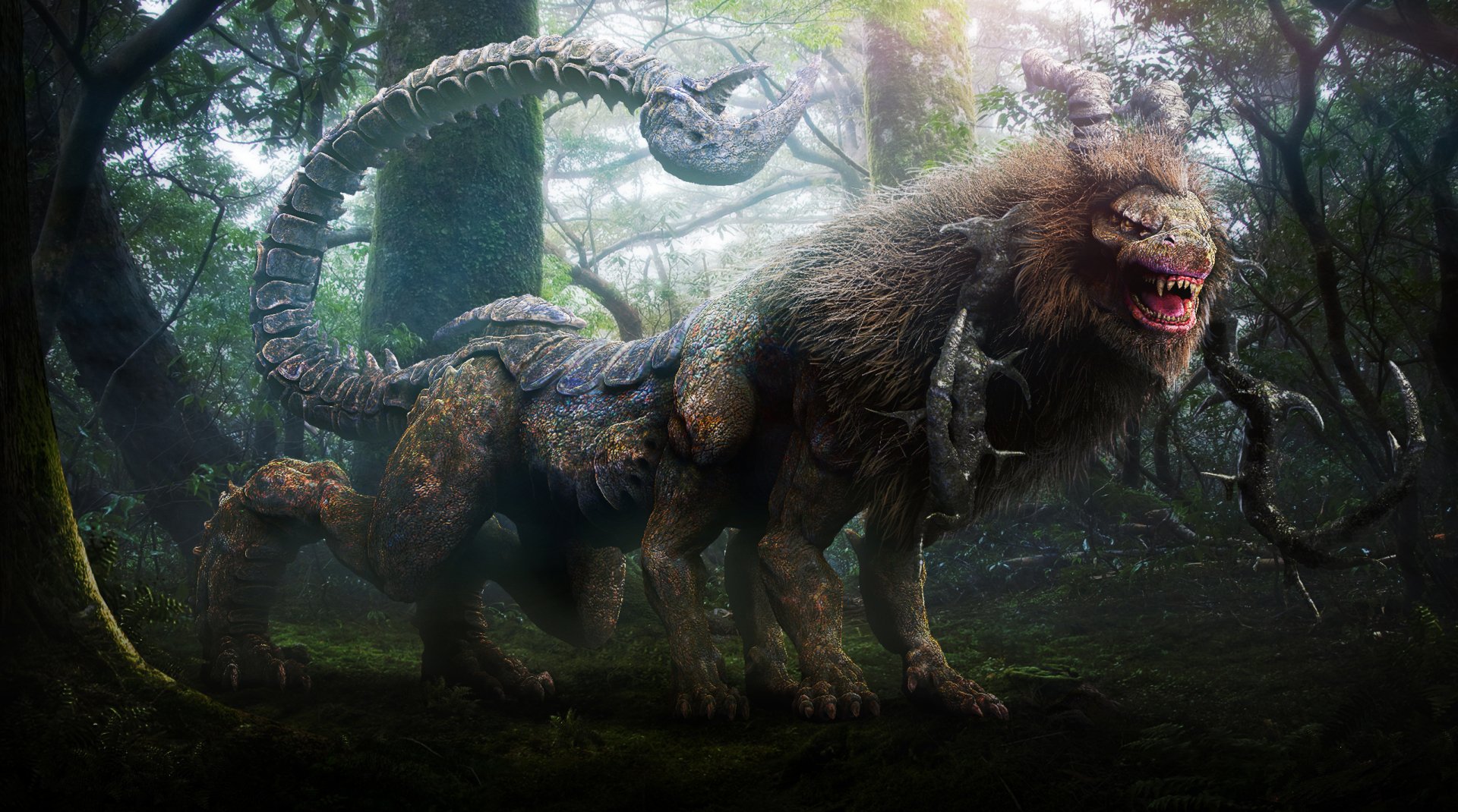 Majestic Chimera Beast HD Wallpaper: Horned Fantasy Creature with Tail