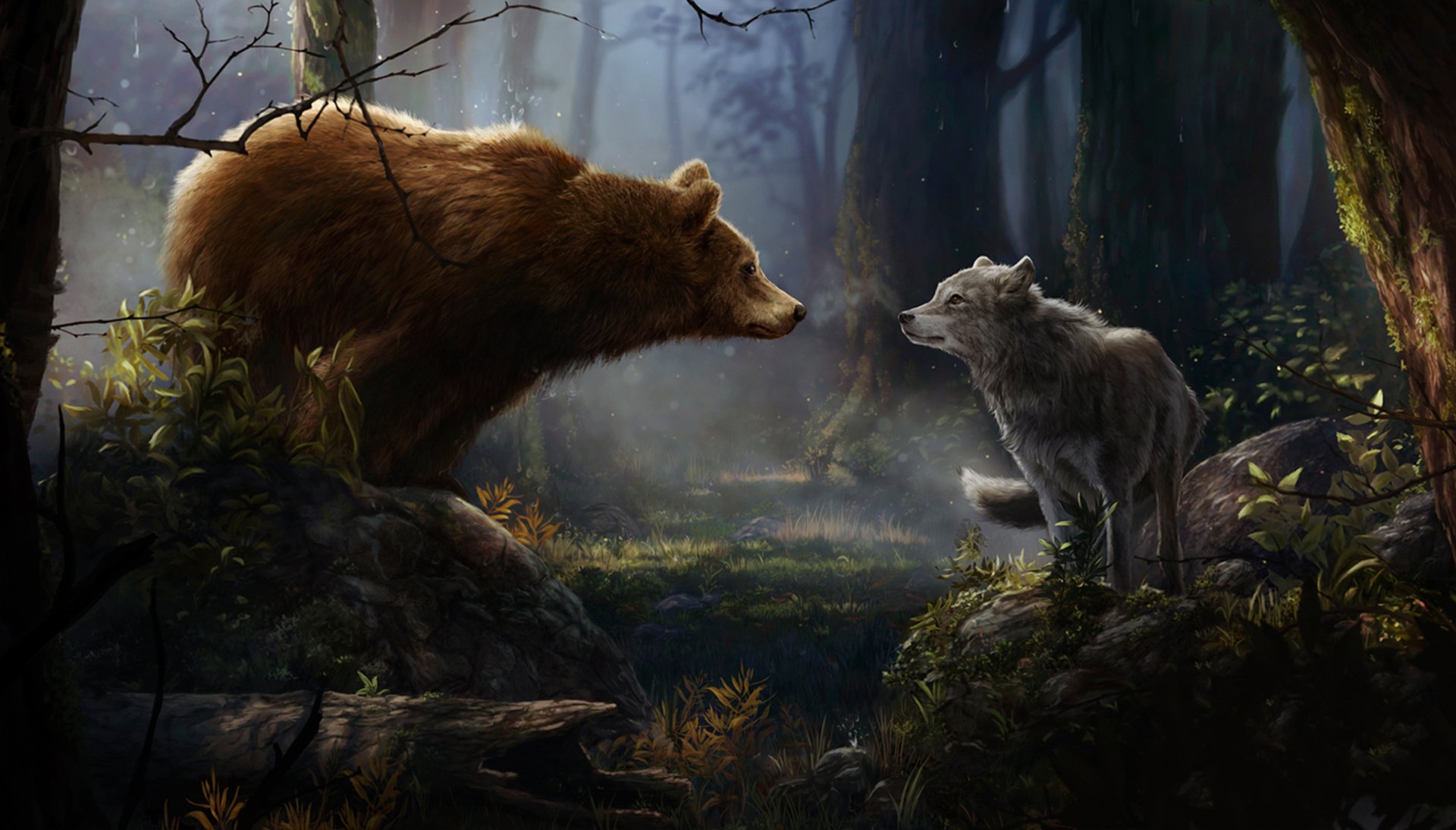 Majestic Forest Encounter: HD Wallpaper of Wolf and Bear
