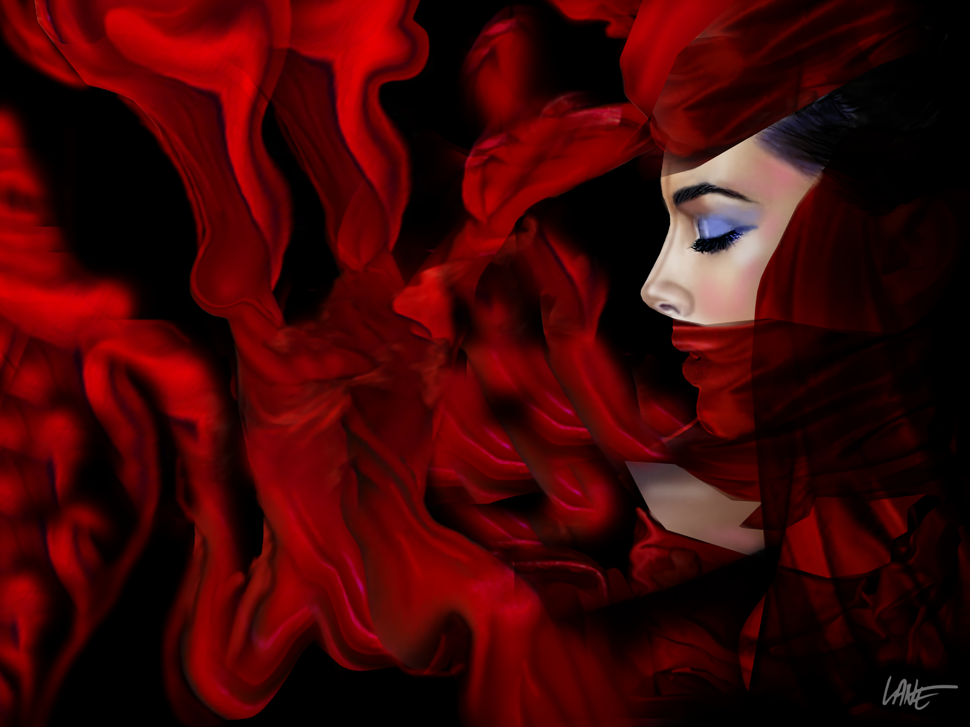 Mystic Red Veil: HD Profile of a Woman in Flowing Scarf