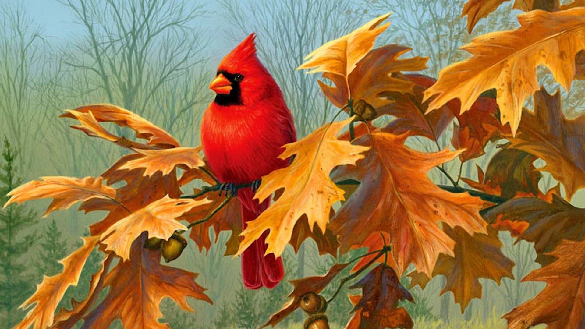 Vivid Cardinal on Autumn Branch – HD Wildlife Painting Close-Up Wallpaper