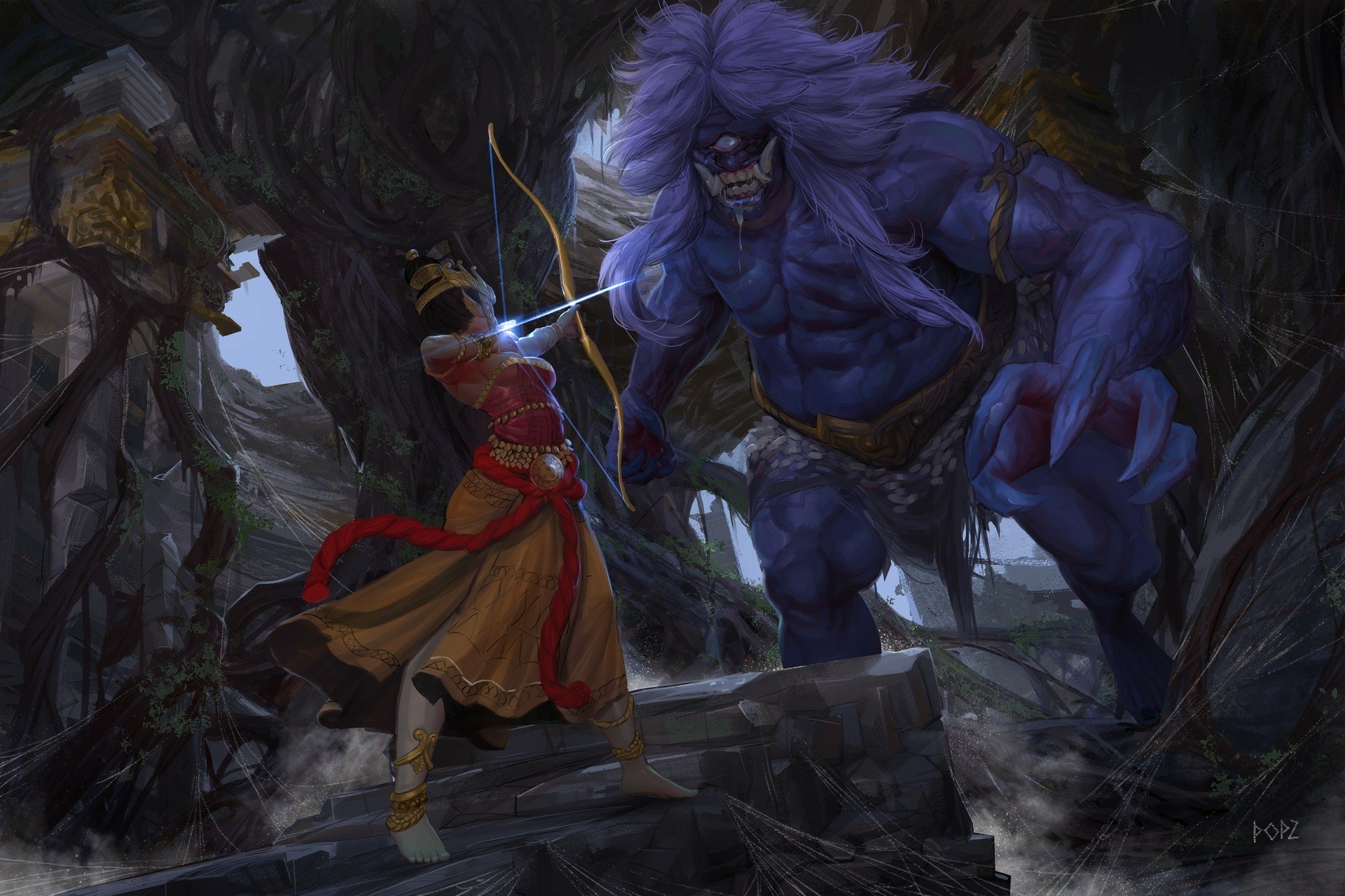 HD Fantasy Wallpaper — Storm Archer vs Purple Colossus by Nur Iman