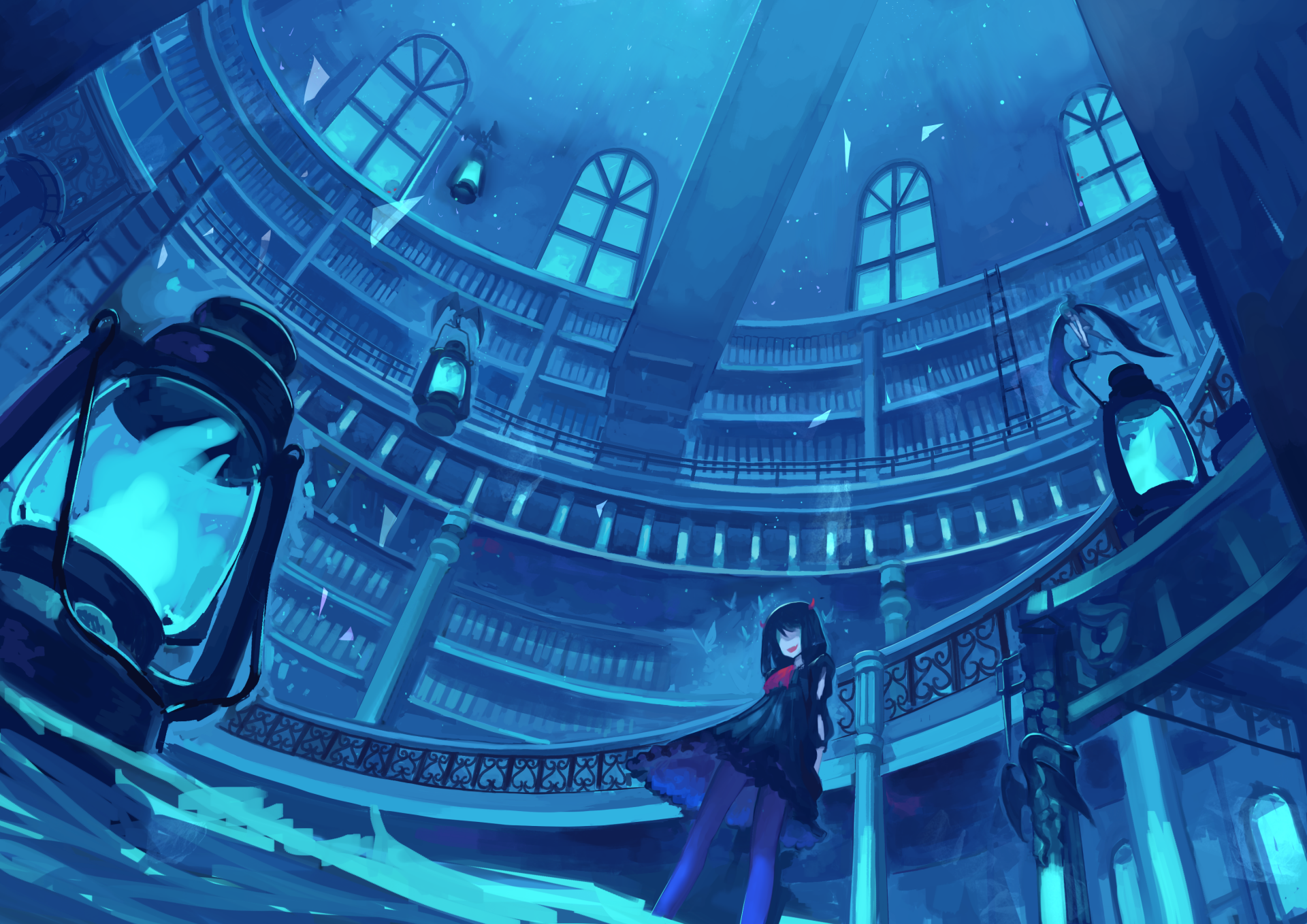 Enchanting Anime HD Wallpaper: Mysteries of the Underwater Library by Qb