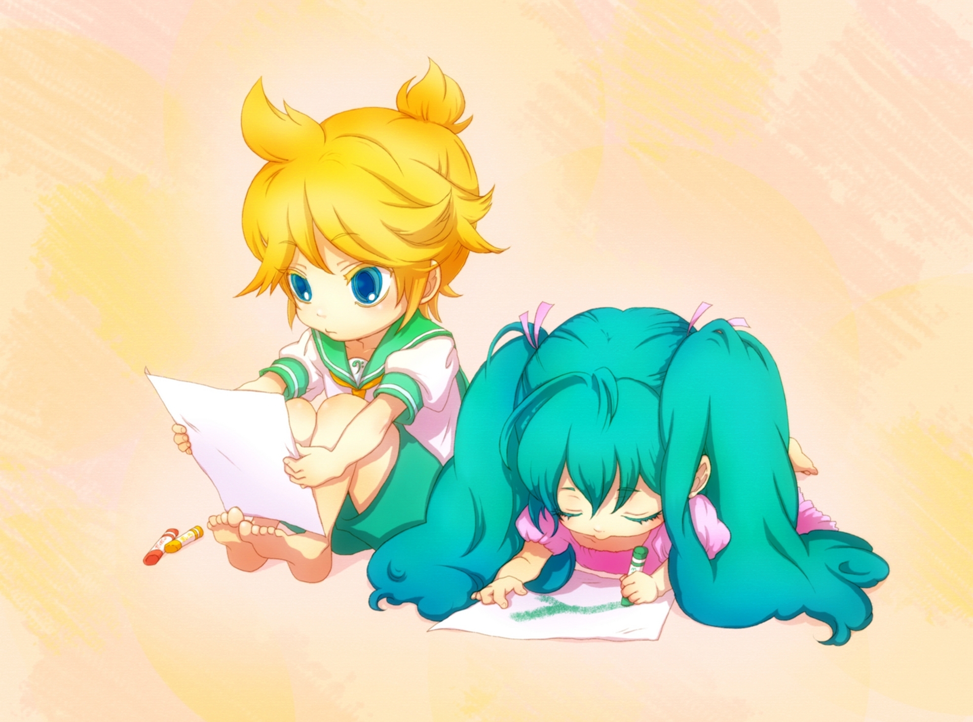 Chibi Vocaloid Duo: Blonde Len & Blue-Haired Hatsune Miku HD Wallpaper