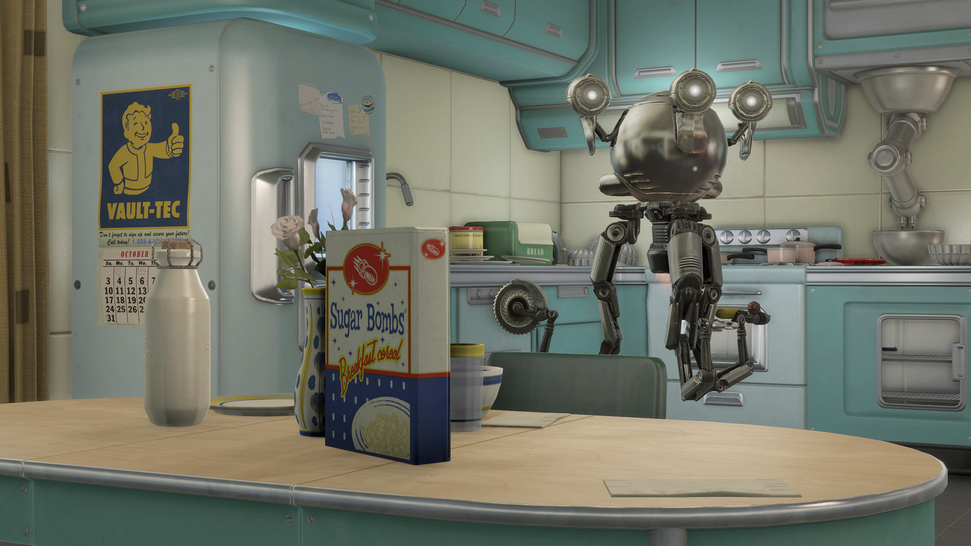 Fallout 4 HD Wallpaper: Vault-Tec Kitchen Scene with Mister Handy Robot