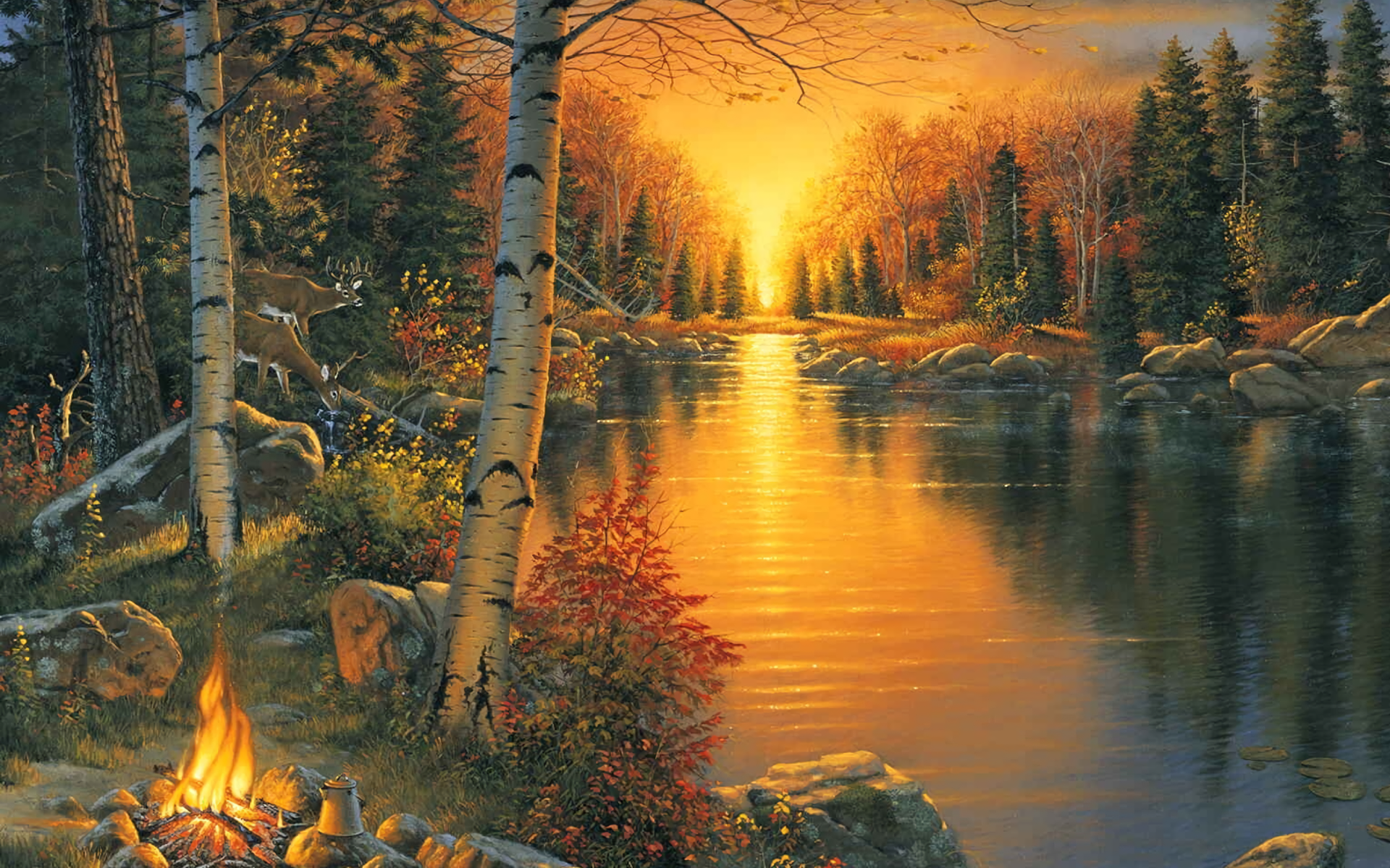 Download River Sunset Tree Landscape Artistic Painting HD Wallpaper