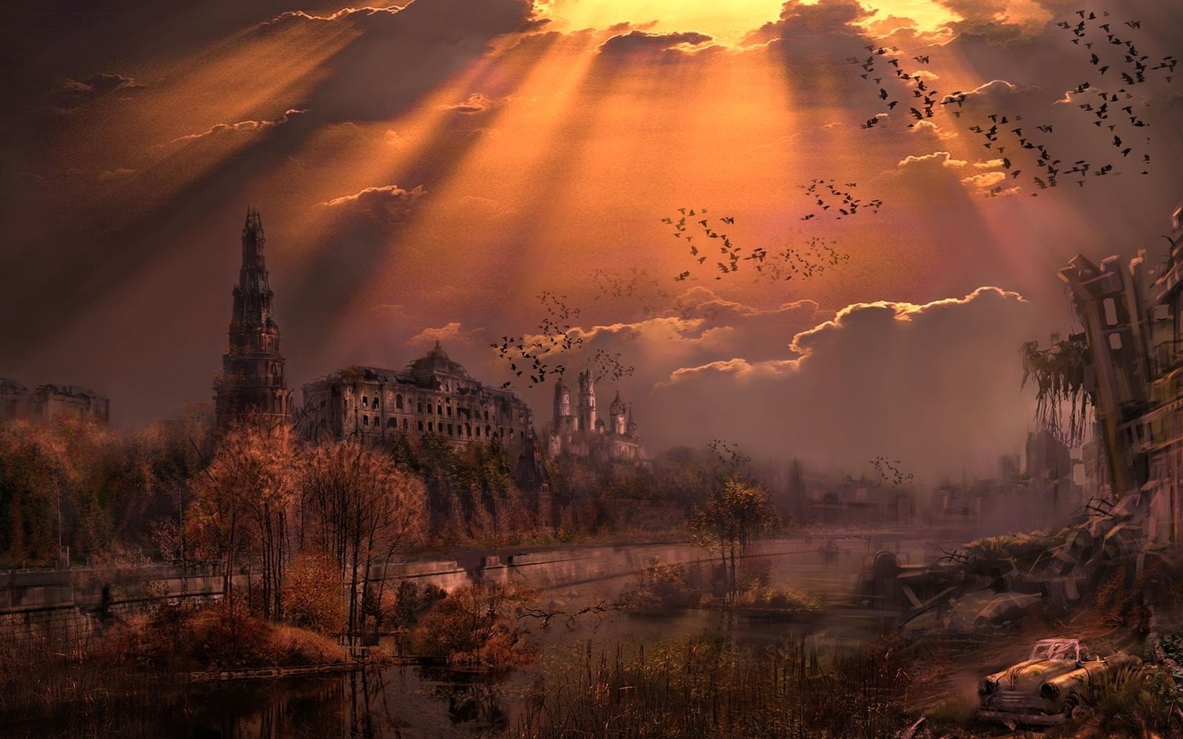 Sunbeam Ruins: A Post-Apocalyptic HD Wallpaper