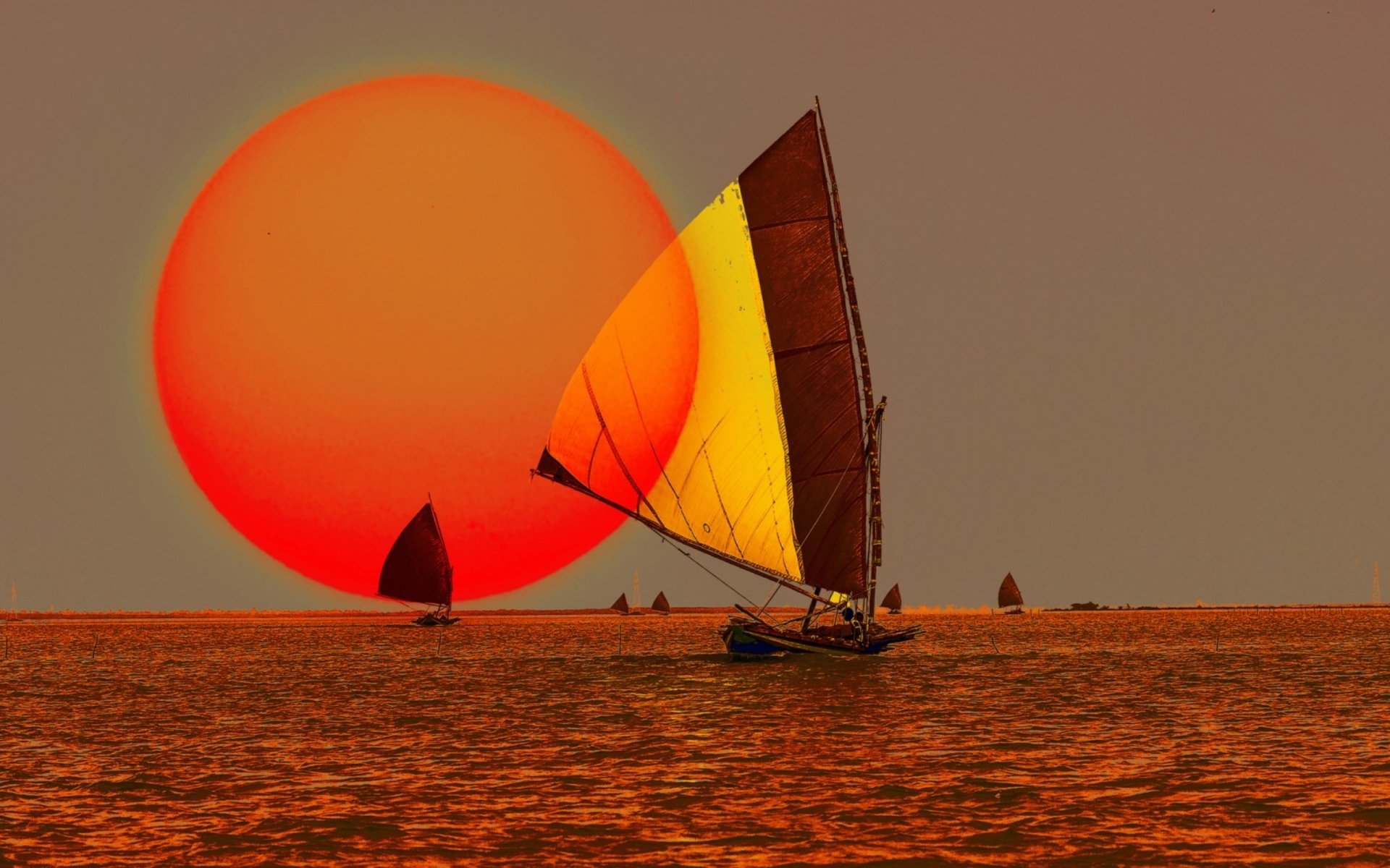 Download Sunset Sun Ocean Sailing Sailboat Artistic CGI HD Wallpaper