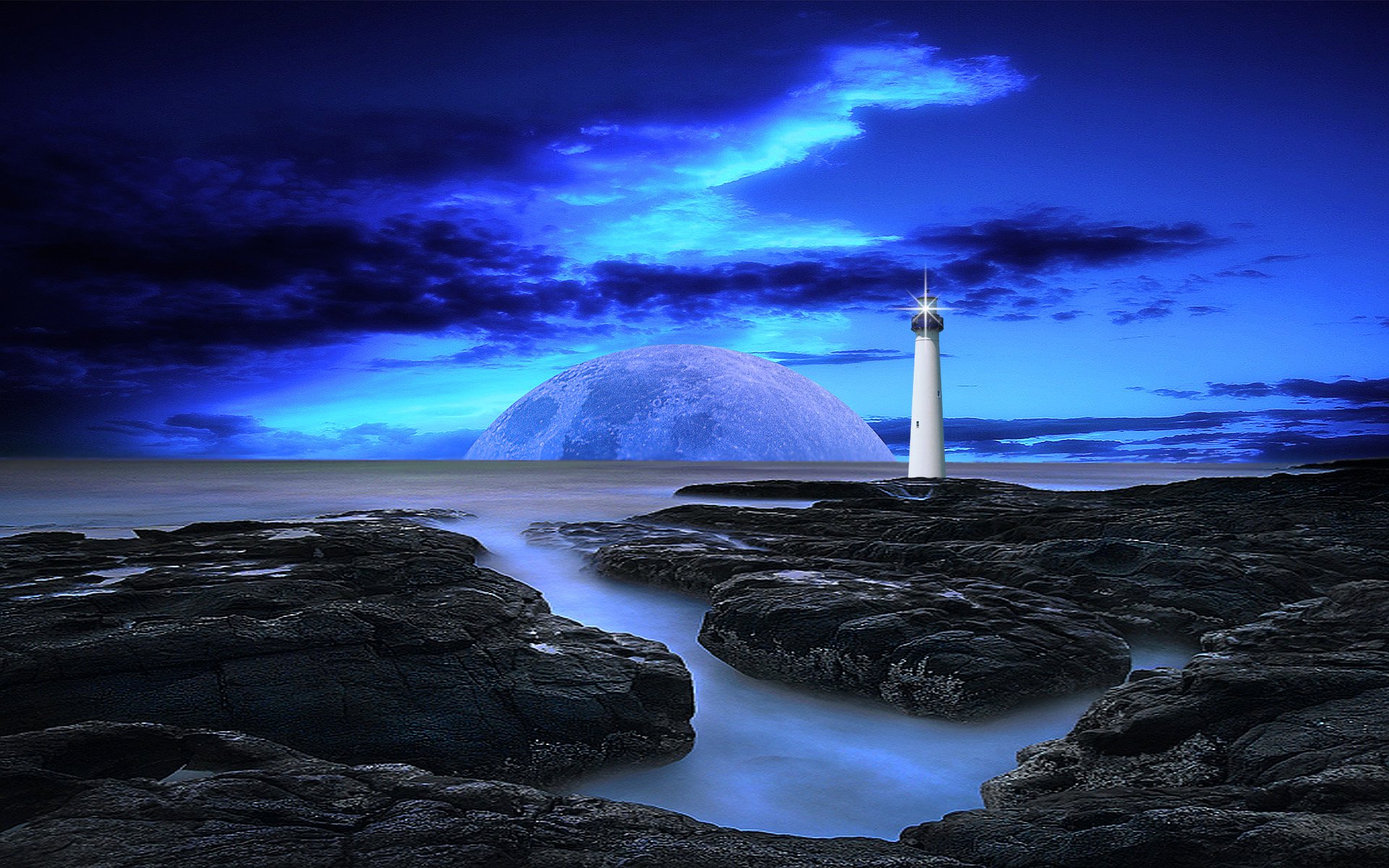 Lighthouse Beneath the Blue Planet: Artistic Ocean HD Wallpaper