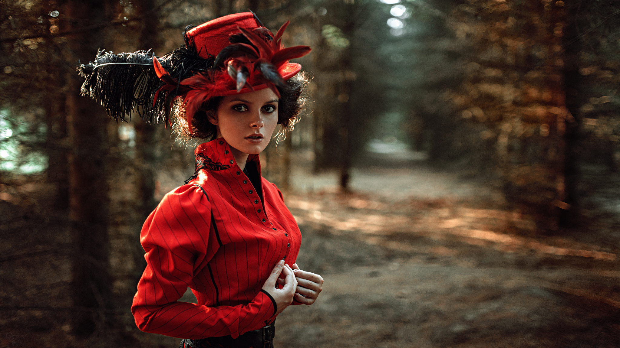 Elegant Woman in Red Dress and Feathered Hat – Stunning Outdoor HD ...
